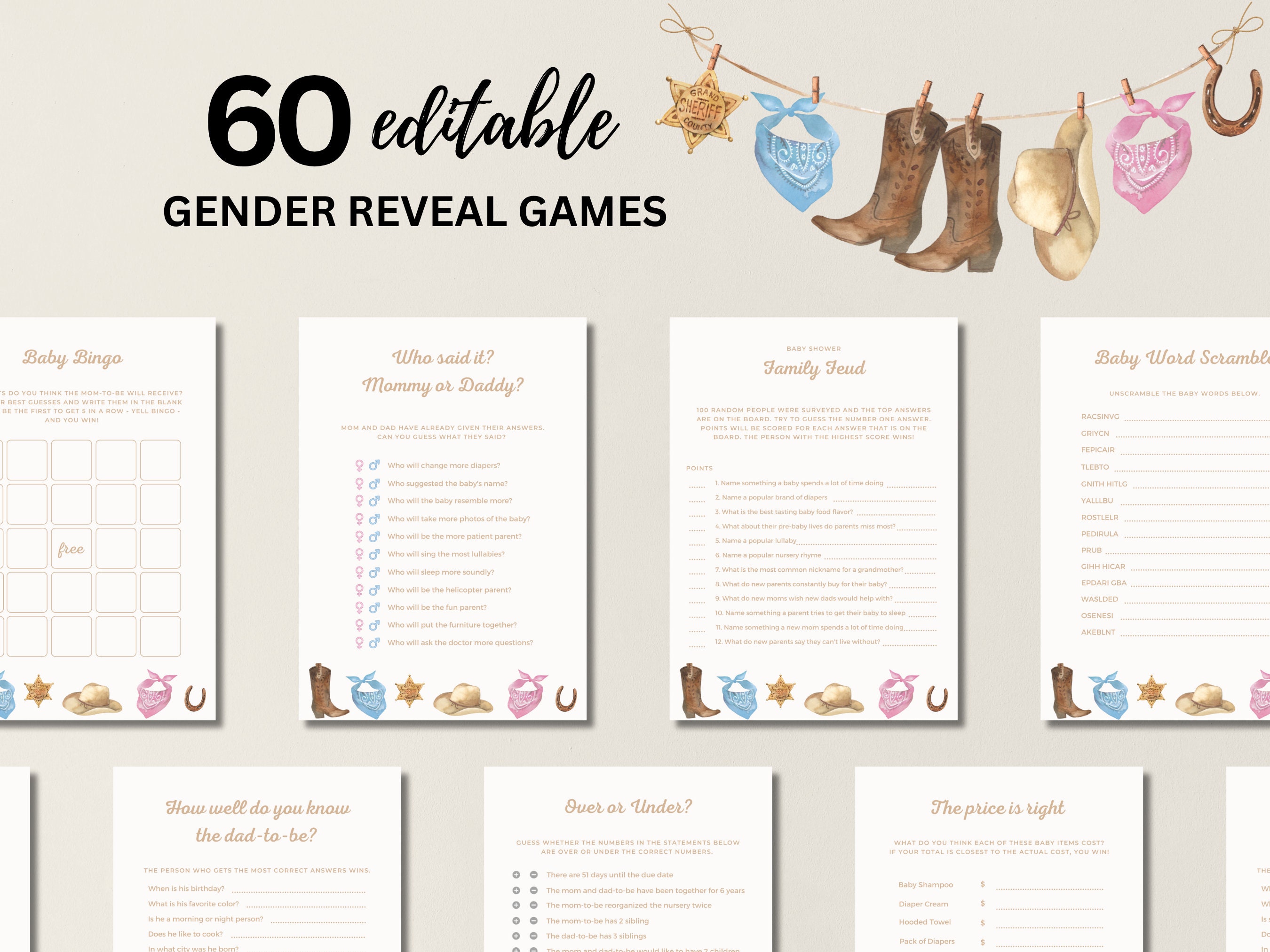 Cowgirl or Cowboy Gender Reveal Games Bundle Western Gender Reveal ...