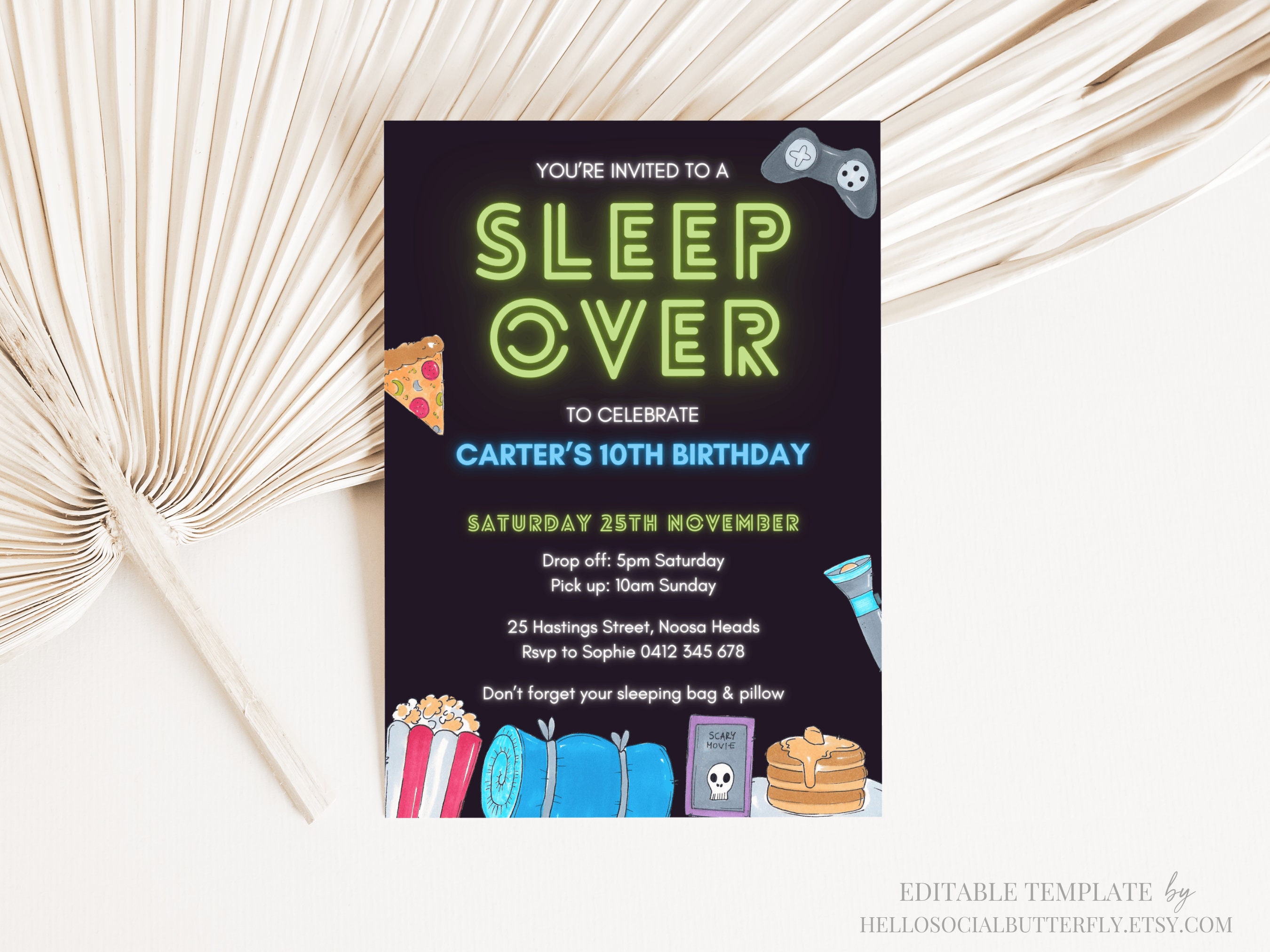 Boy Sleepover Birthday Party Invitation Video Game Party Invite Boy ...