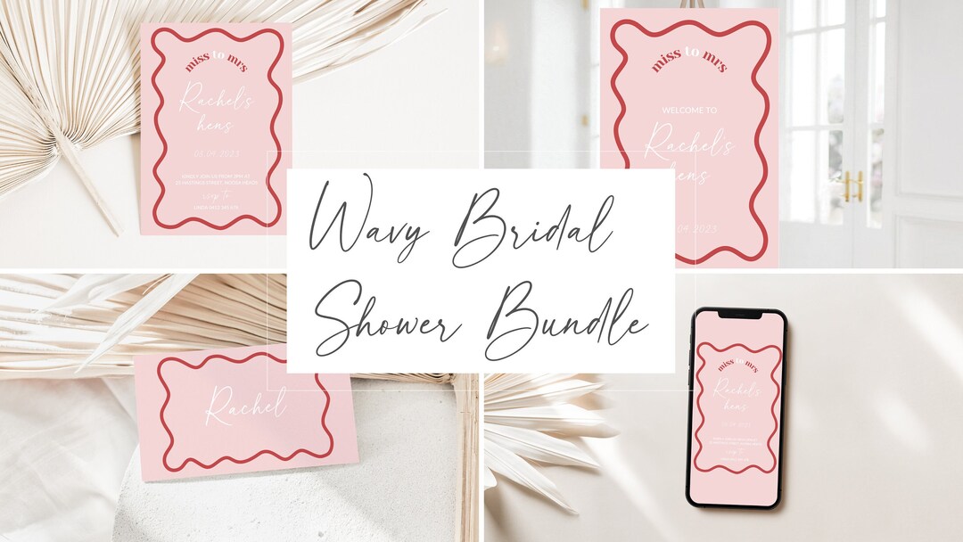 EDITABLE Wavy Bridal Shower Bundle Templates, Wavy Hens, Pink and Red ...