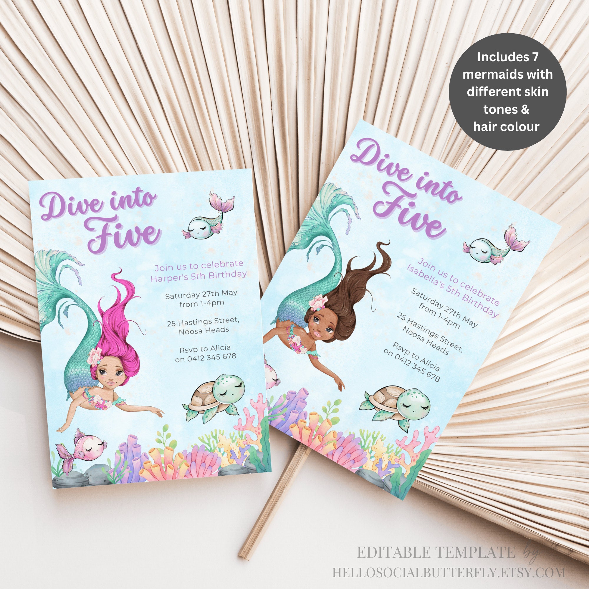 EDITABLE Dive Into Five Mermaid Invitation 5th Birthday Little Mermaid ...