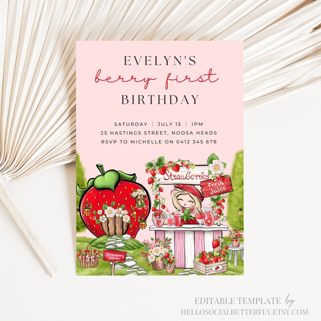 EDITABLE Berry First Birthday Invitation, Strawberry First Birthday ...