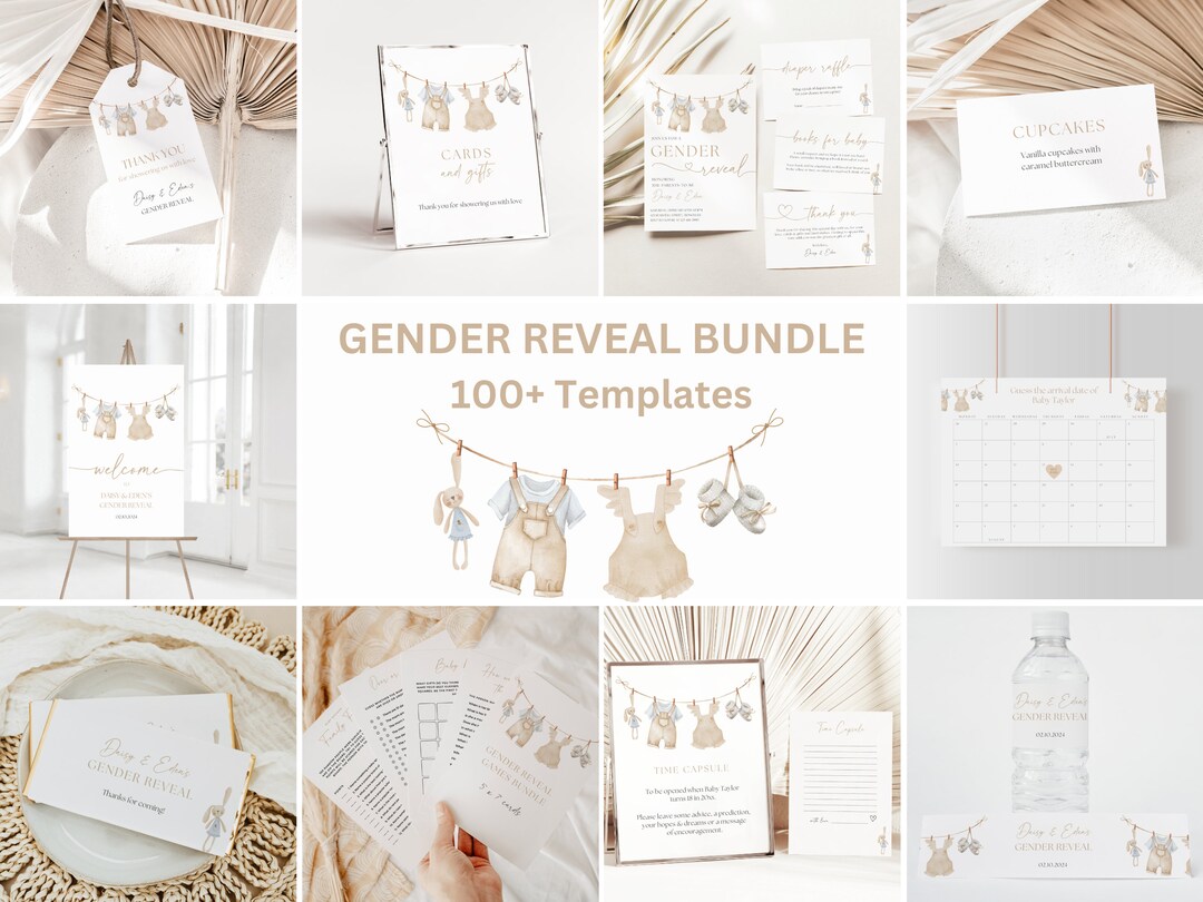 Baby Clothes Gender Reveal Invitation Bundle Clothesline Gender Reveal ...