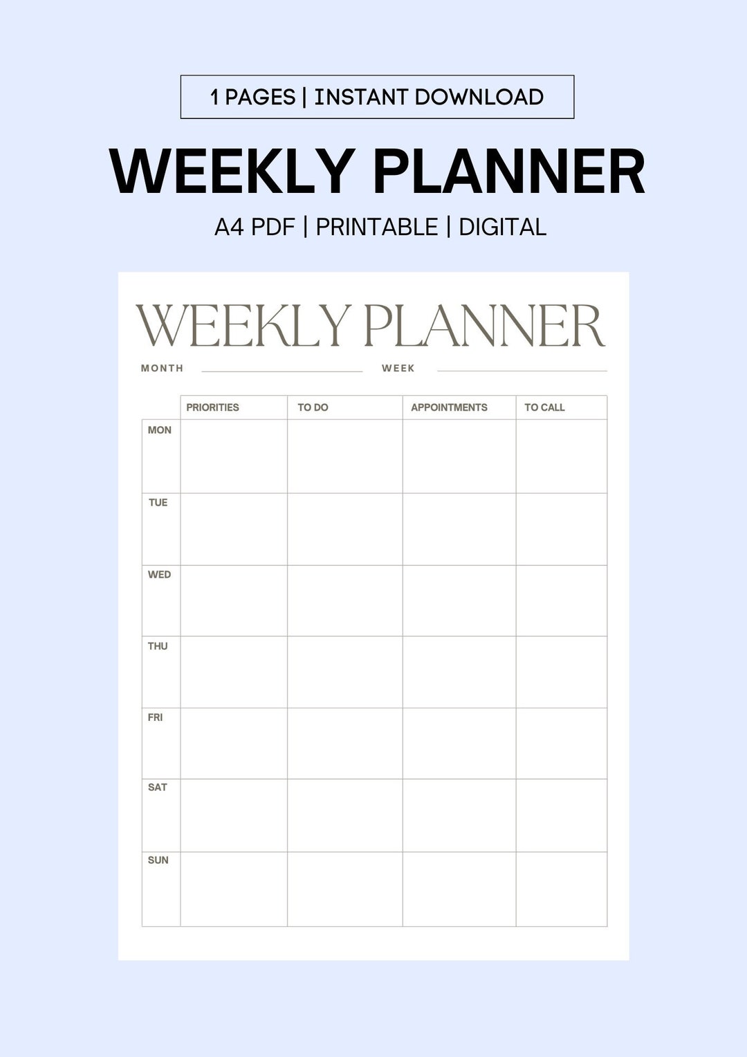 Minimalist Weekly Planner A5, A4, Letter, Weekly Insert, Weekly ...