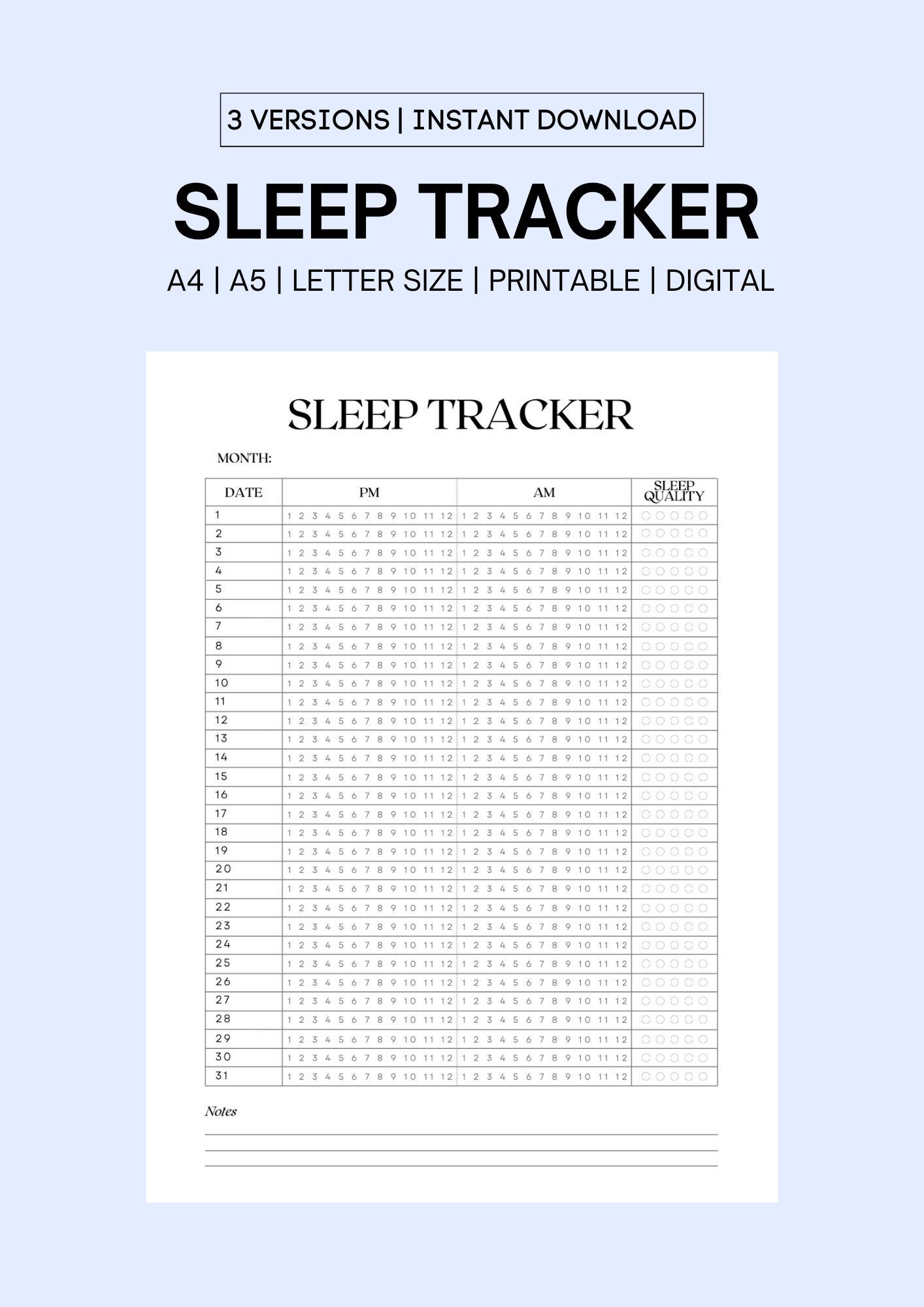 Sleep Tracker Printable, Sleep Log, Sleep Quality Journal, Sleep Hours ...