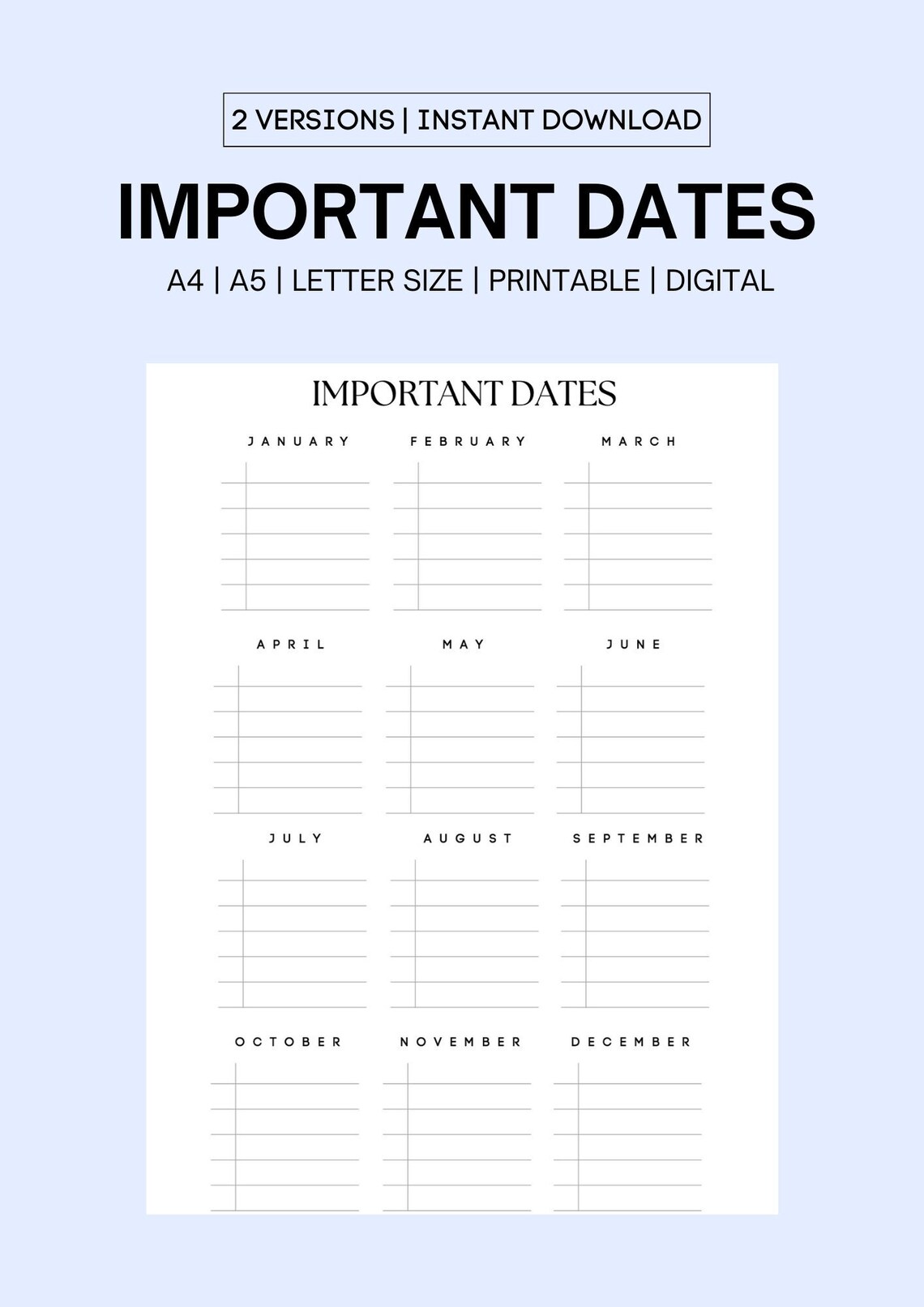 Important Dates Printable, Birthday Tracker, Yearly Calendar Reminder ...