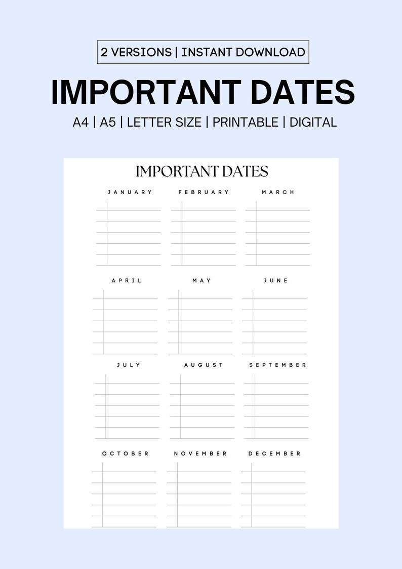 Important Dates Printable, Birthday Tracker, Yearly Calendar Reminder ...