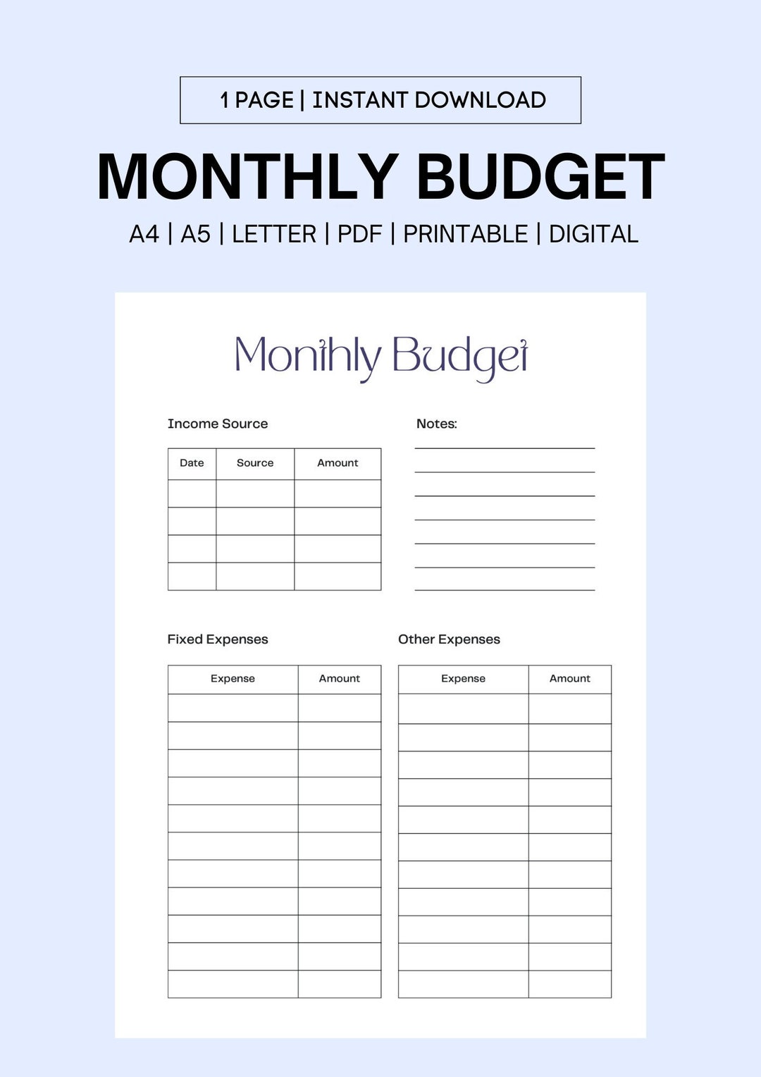 Printable Monthly Budget, Monthly Income & Expense Recorder, Monthly ...