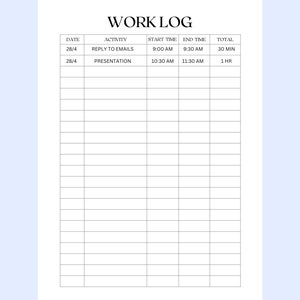 Work Log, Work Log Printable, Time Spent Tracker, Working Hours Log ...