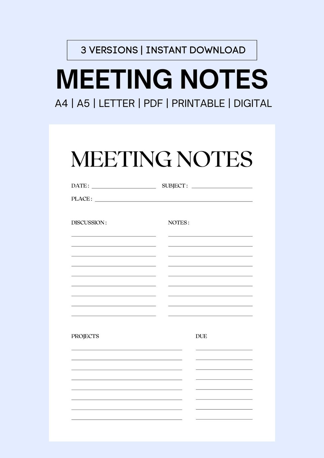 Meeting Notes Template Printable, Meeting Minutes, Meeting Agenda ...