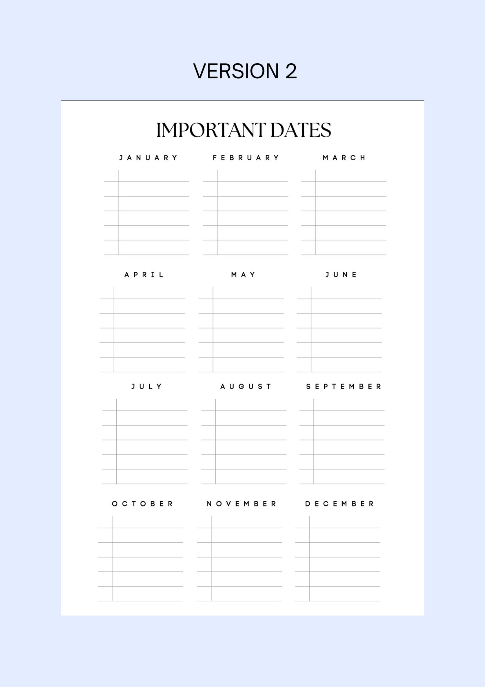 Important Dates Printable, Birthday Tracker, Yearly Calendar Reminder ...