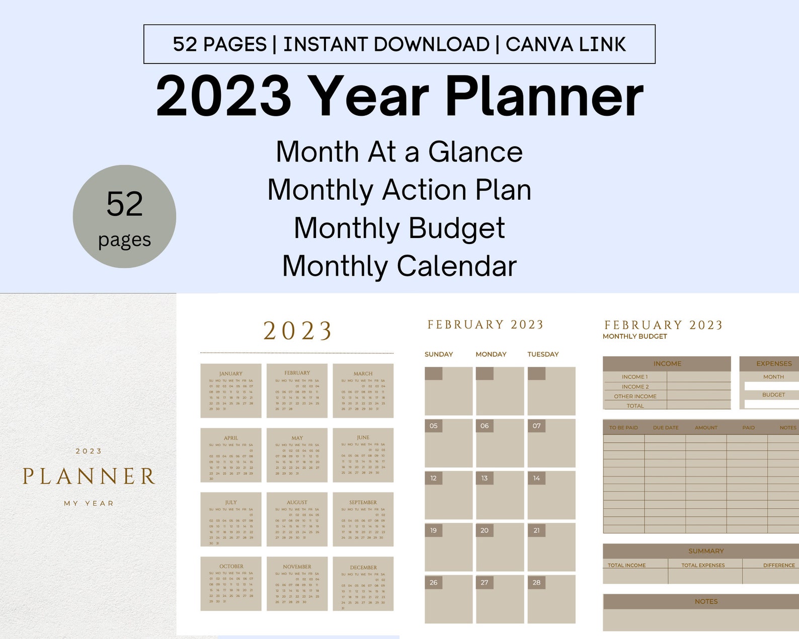 2023 Monthly Calendar Printable, Dated Month, 2023 Calendar, Month at a ...