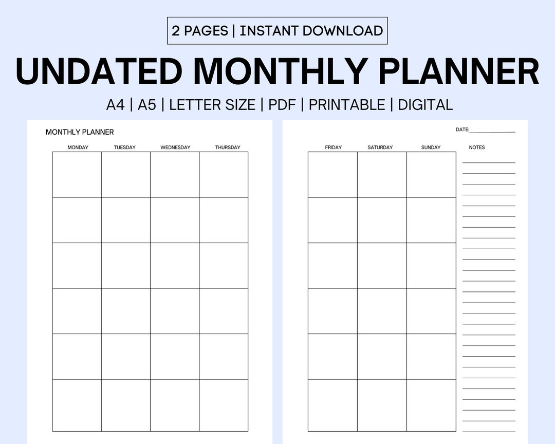 Undated Monthly Planner, Month on Two Pages, Month at a Glance, Monthly ...