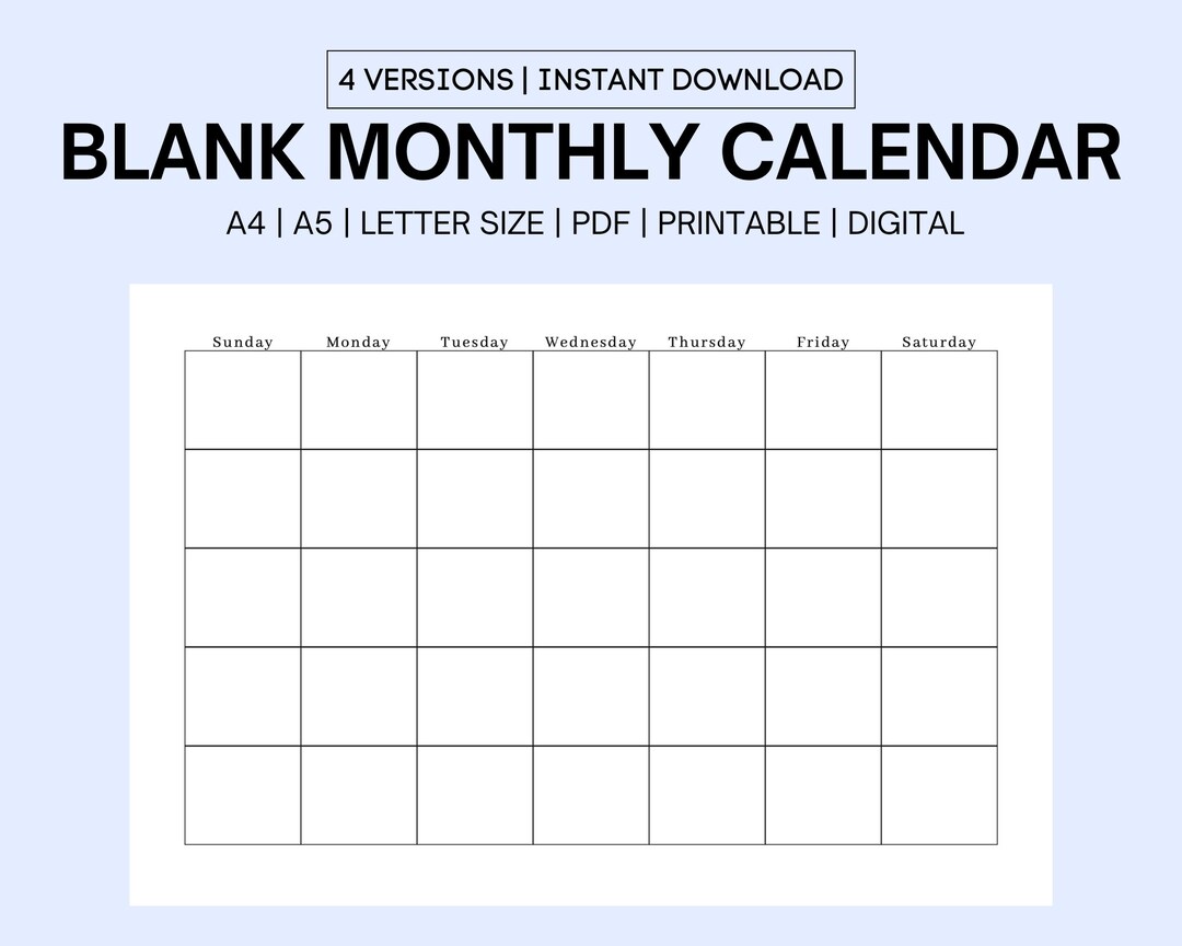 Blank Monthly Calendar Printable Landscape, Minimalist Calendar ...