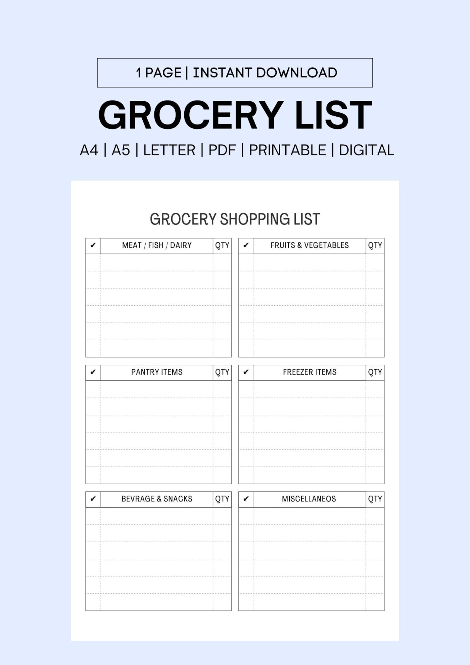 Printable Grocery Checklist, Online Shopping List, Grocery Shopping ...