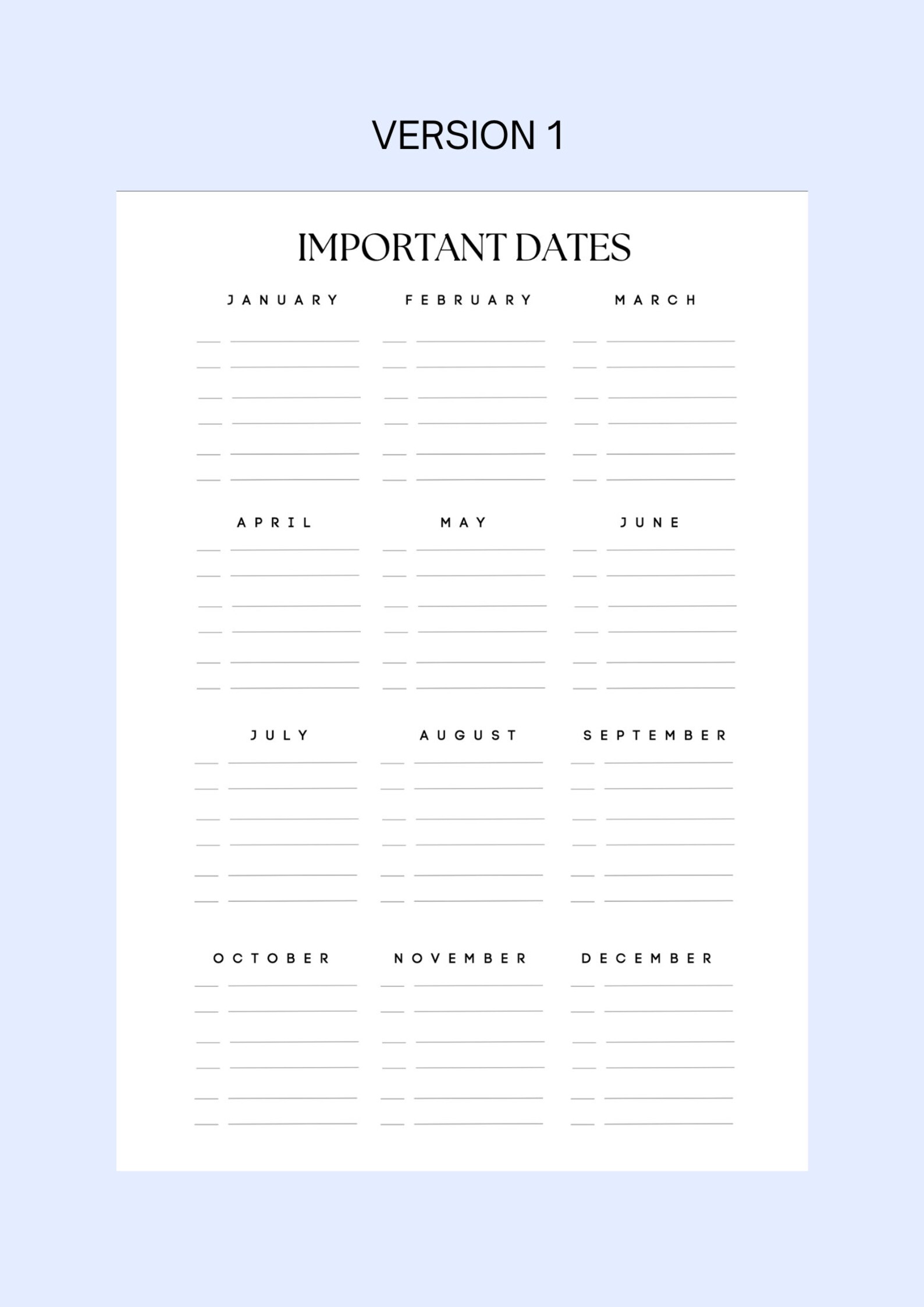 Important Dates Printable, Birthday Tracker, Yearly Calendar Reminder ...