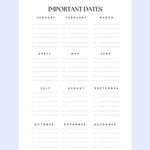 Important Dates Printable, Birthday Tracker, Yearly Calendar Reminder ...
