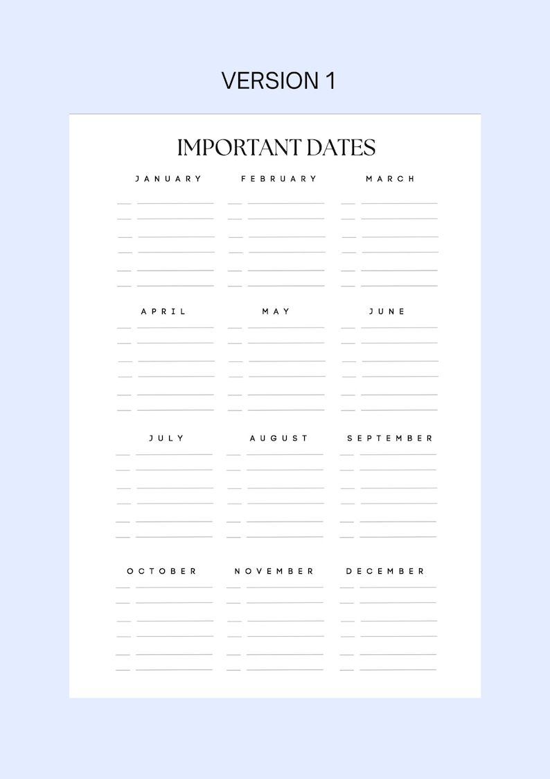 Important Dates Printable, Birthday Tracker, Yearly Calendar Reminder ...