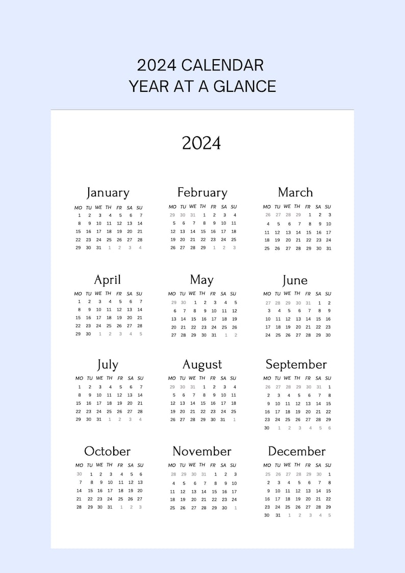 2024 Wall Calendar, Year at a Glance, 2024 Calendar, Minimal 2024 Year ...