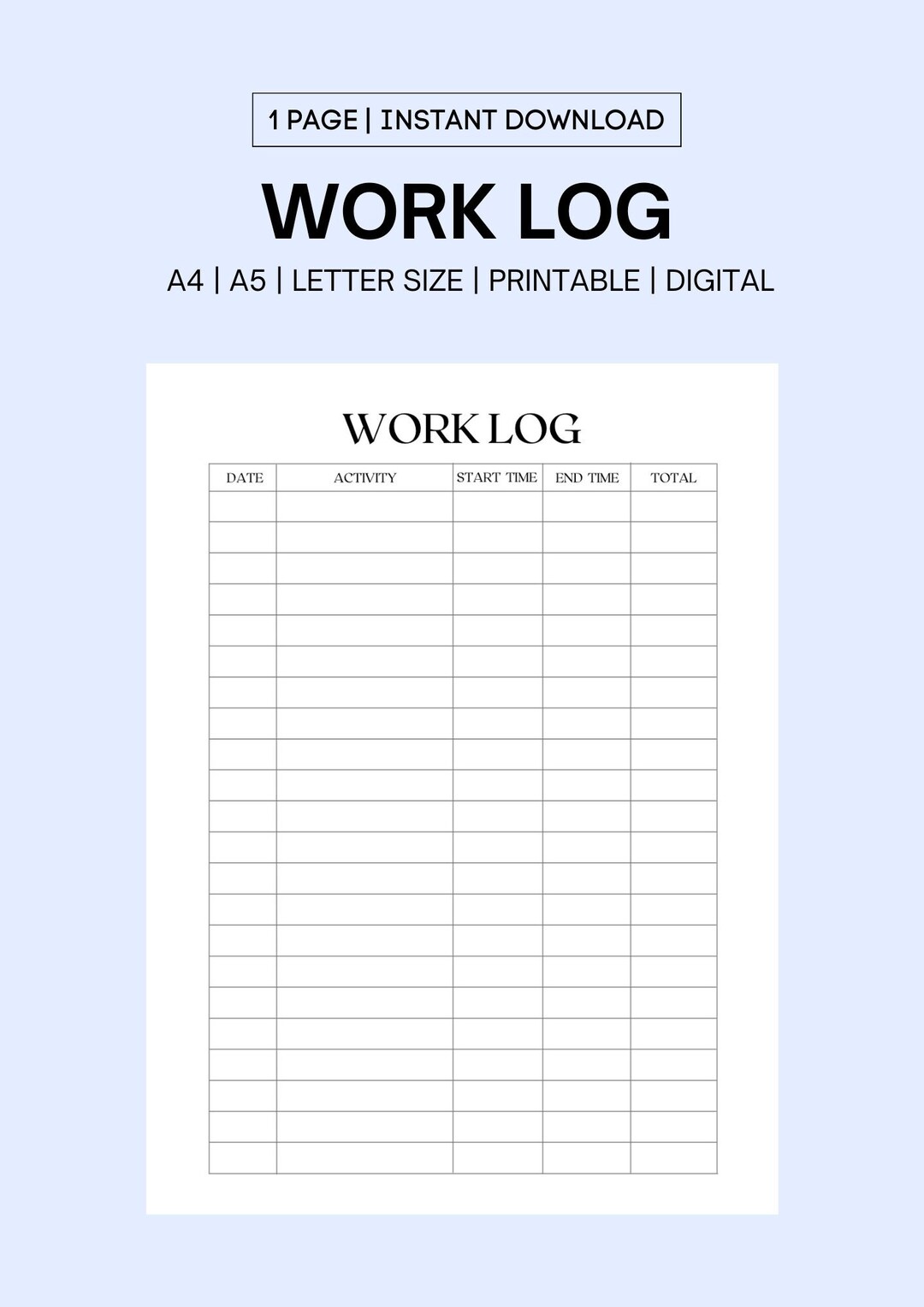 Work Log, Work Log Printable, Time Spent Tracker, Working Hours Log ...