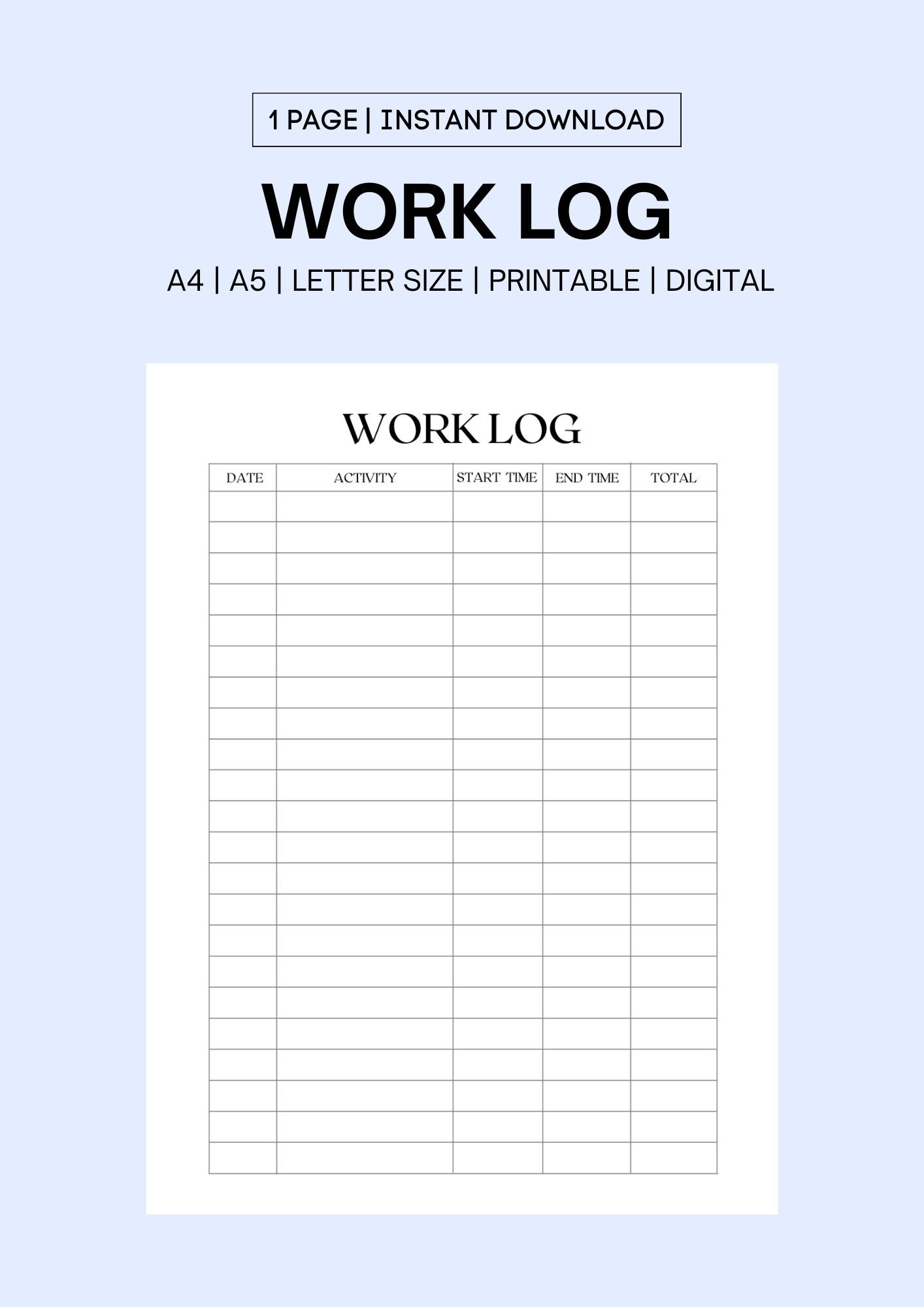 Work Log, Work Log Printable, Time Spent Tracker, Working Hours Log ...