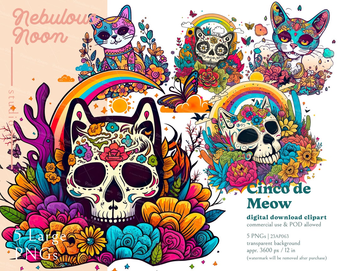 Cinco De Meow 5 PNG Funny Cat Sugar Skull Clipart Bundles 23AP063 ...