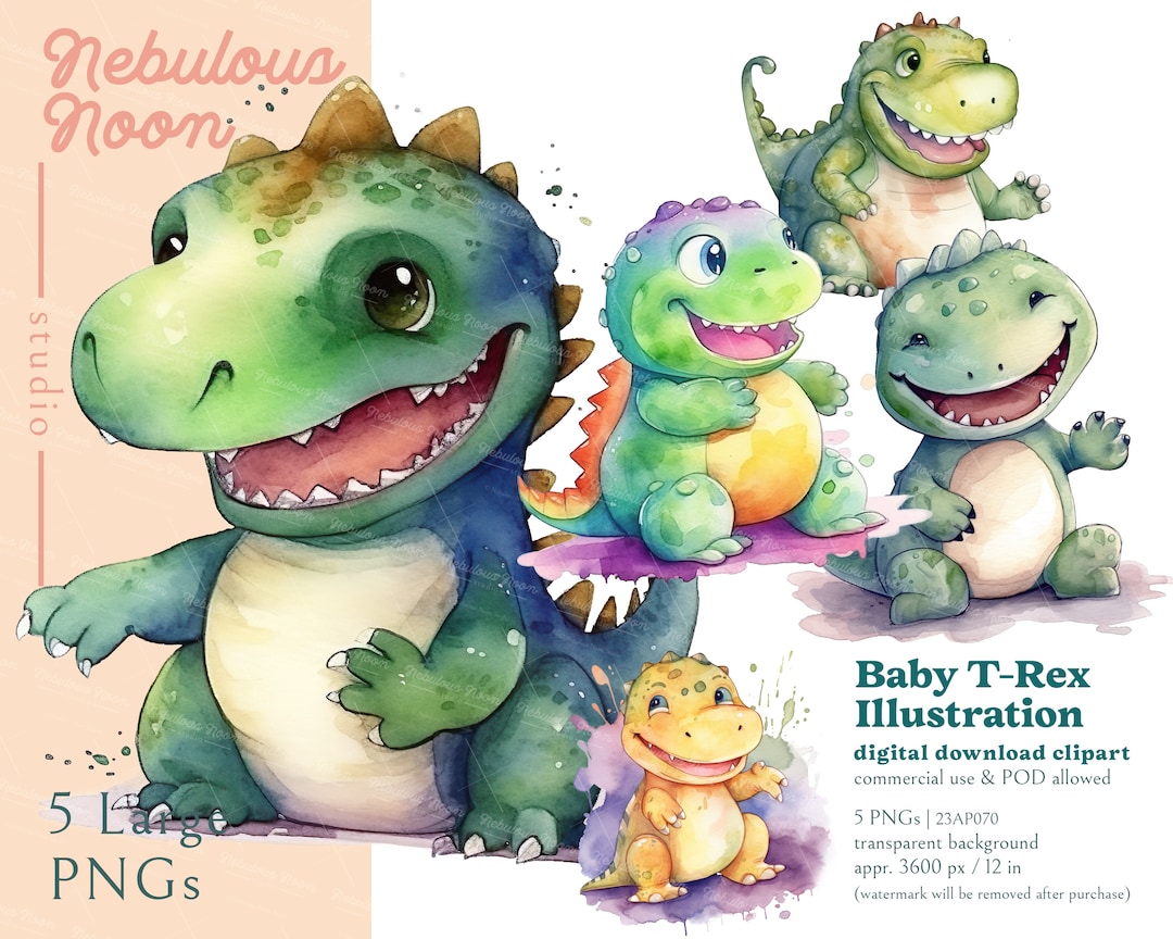 Baby T-rex Illustration 5 PNG Dinosaur Clipart Bundle 23AP070 | Cartoon ...
