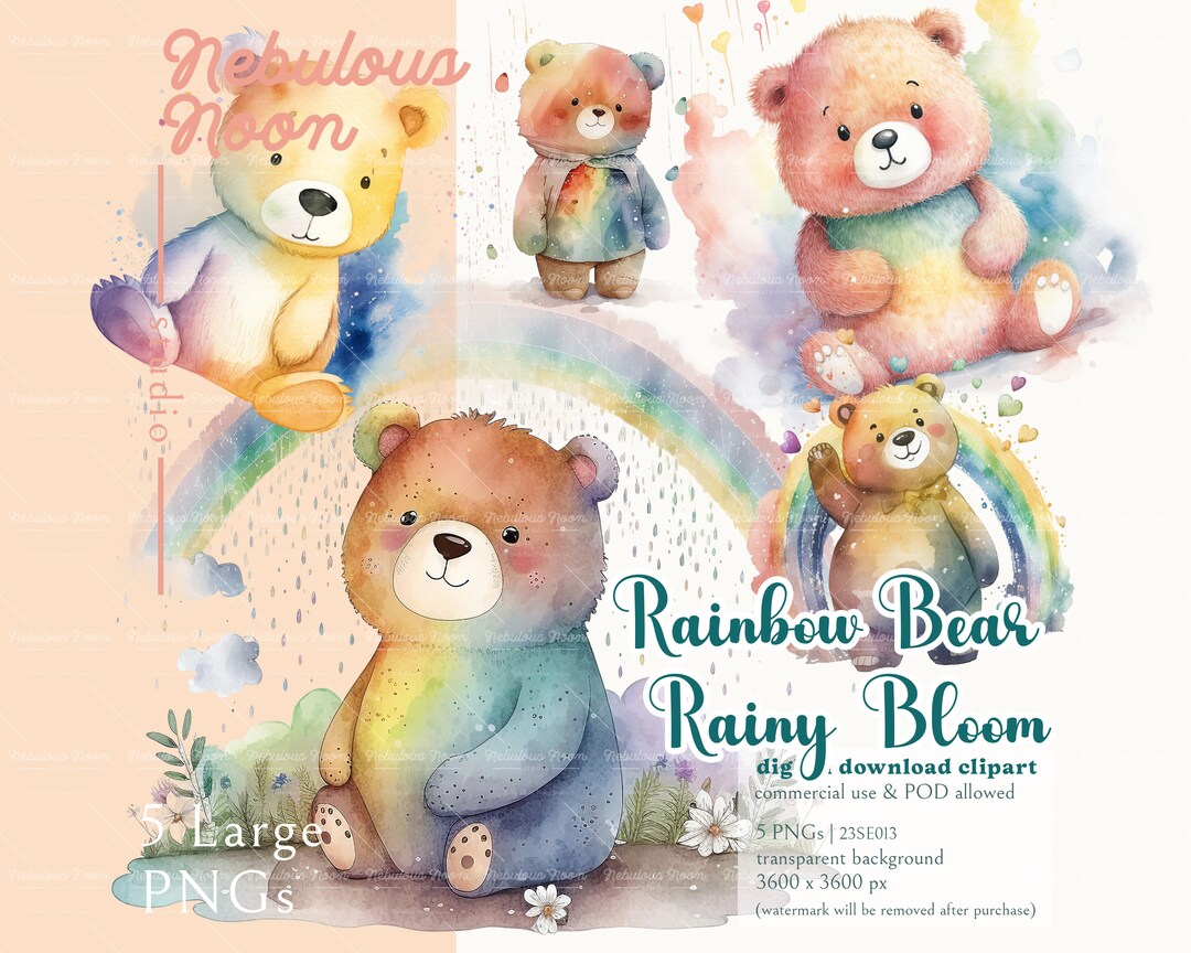 Rainbow Bear Rainy Bloom 4 PNG Digital Sticker Clipart 23SE013 | Cute ...