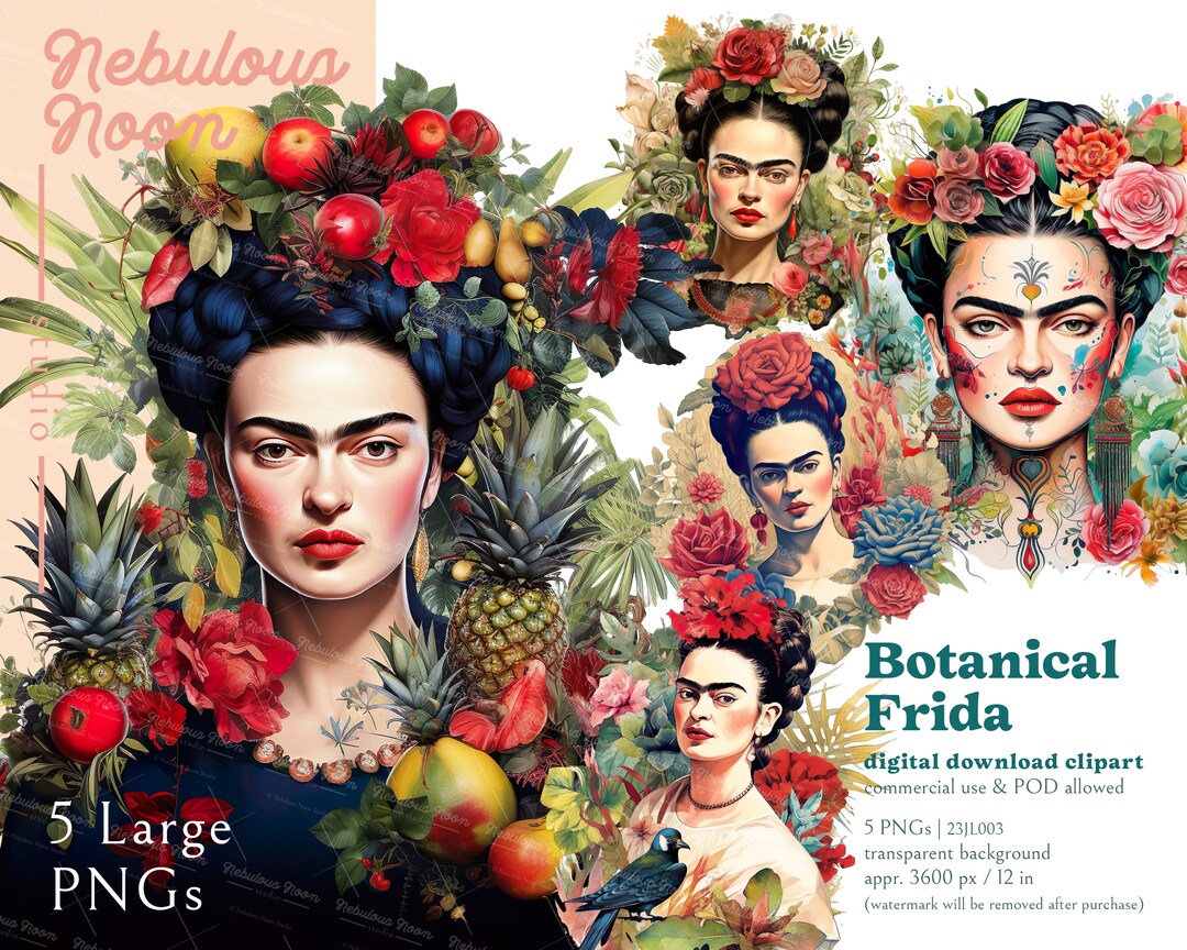 Botanical Frida 5 PNG Portrait Clipart Bundle 23JL003 | Frida Kahlo Png ...
