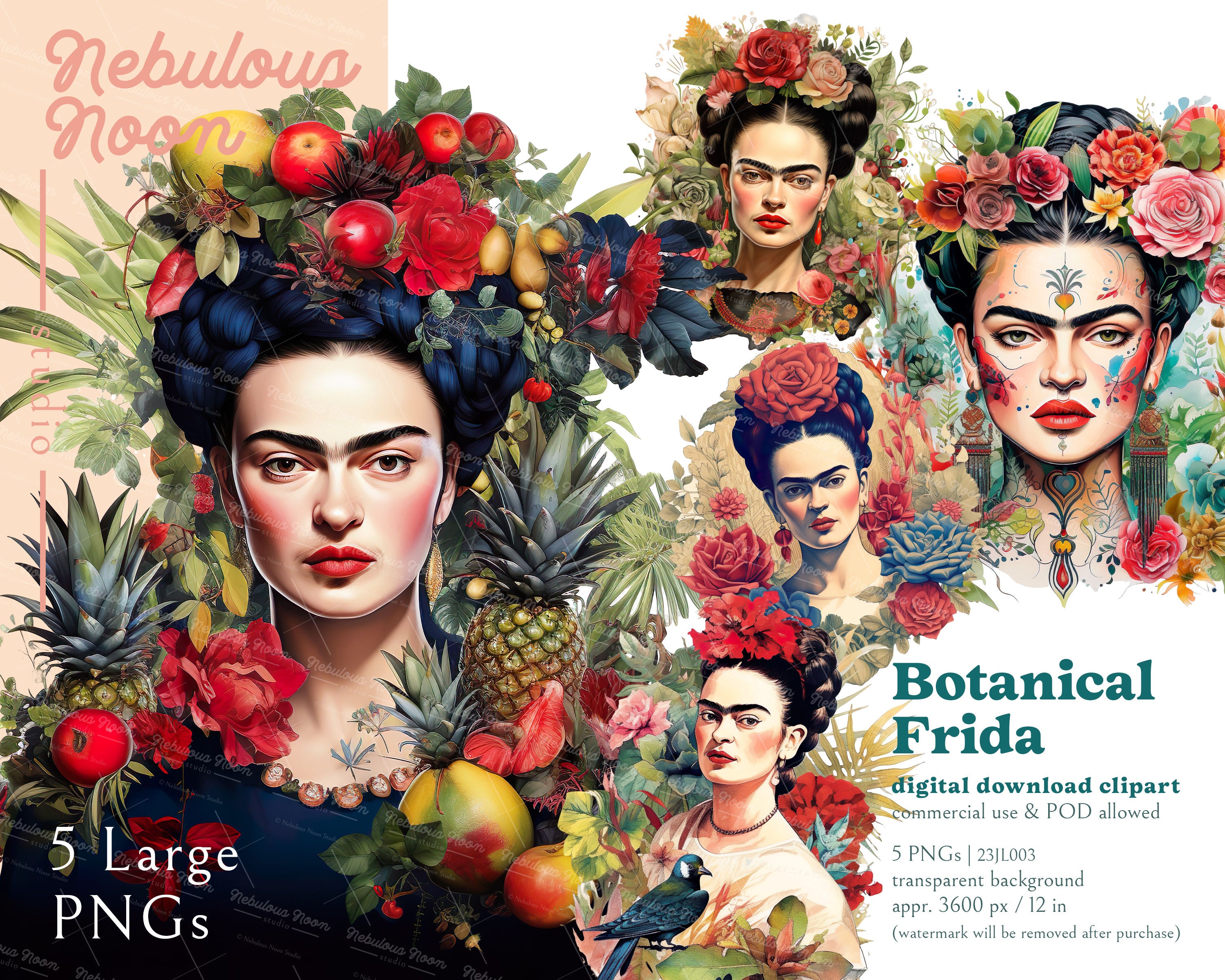Botanical Frida 5 PNG Portrait Clipart Bundle 23JL003 | Frida Kahlo Png ...