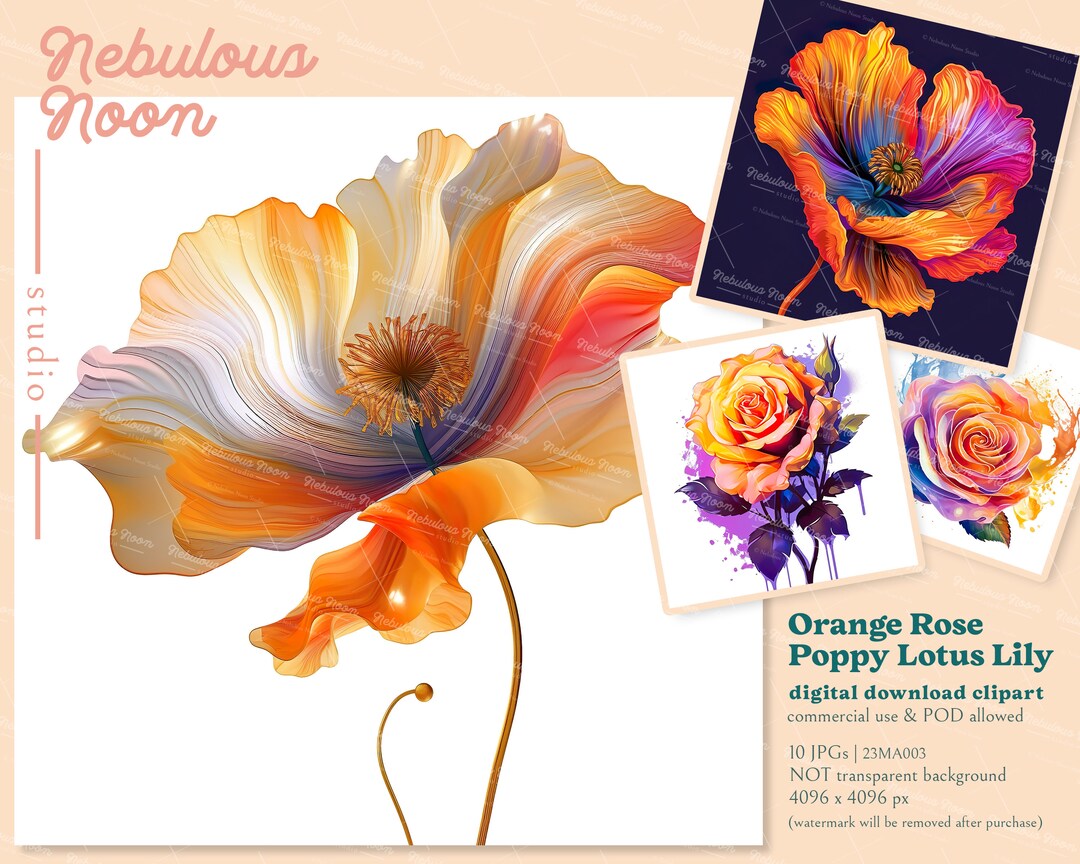 Orange Rose Poppy Lotus Lily 10 JPG Clipart Bundle 23MA003 | Floral ...