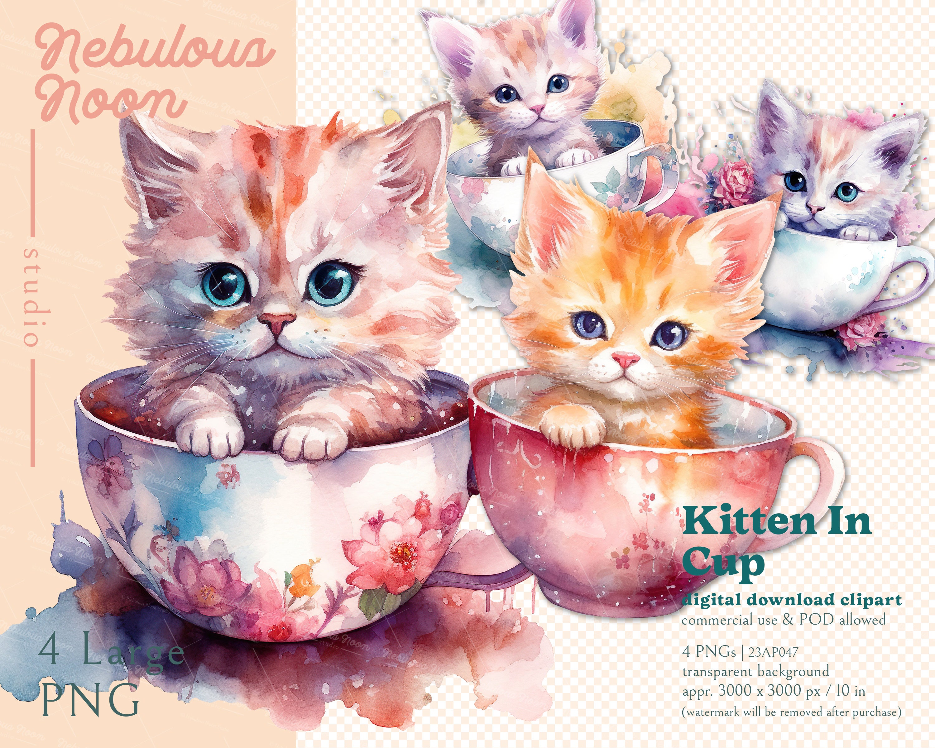 Kitten in Cup 4 Pngs Digital Download Clipart Bundle 23AP047 Cat ...