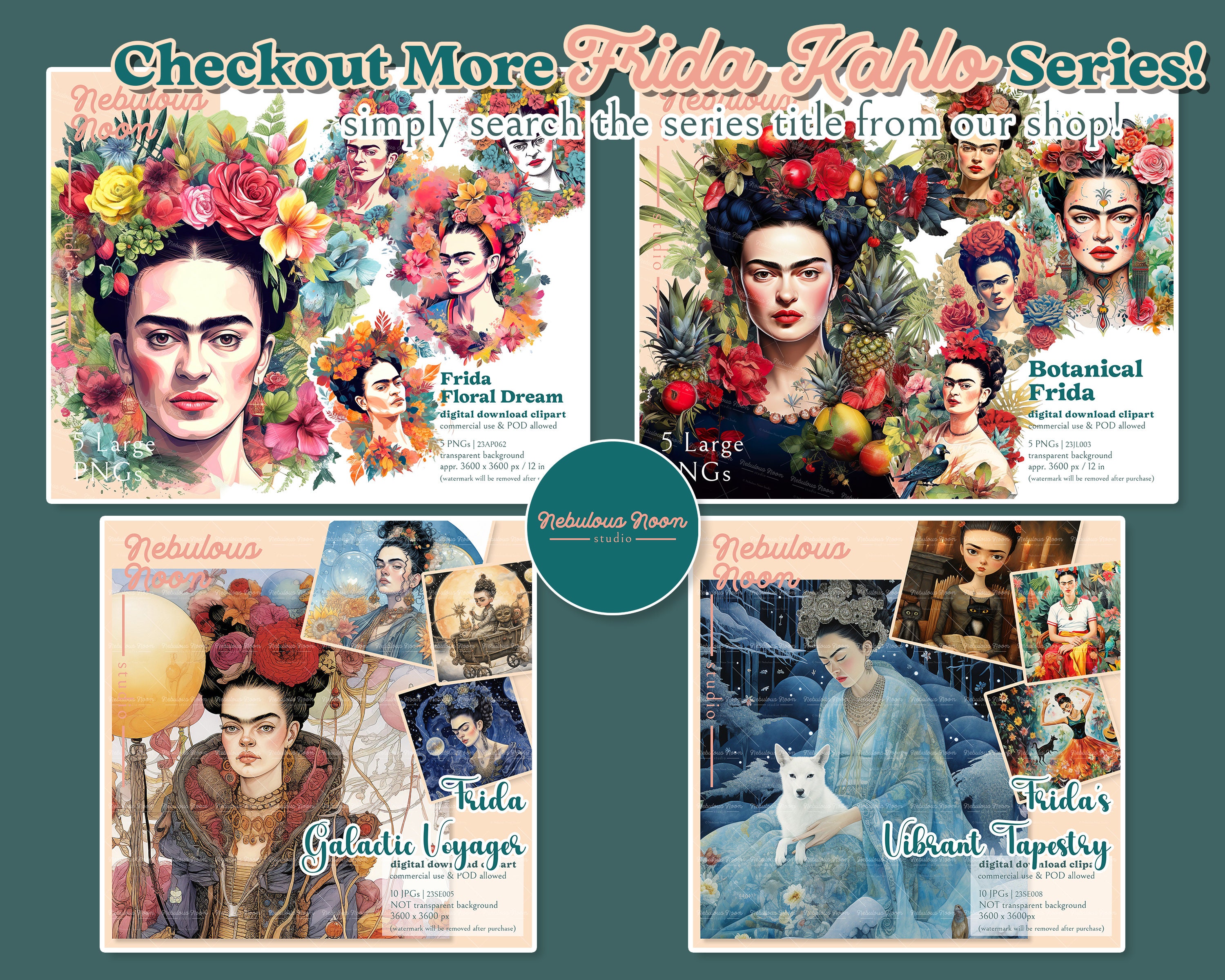 Botanical Frida 5 PNG Portrait Clipart Bundle 23JL003 Frida Kahlo Png ...