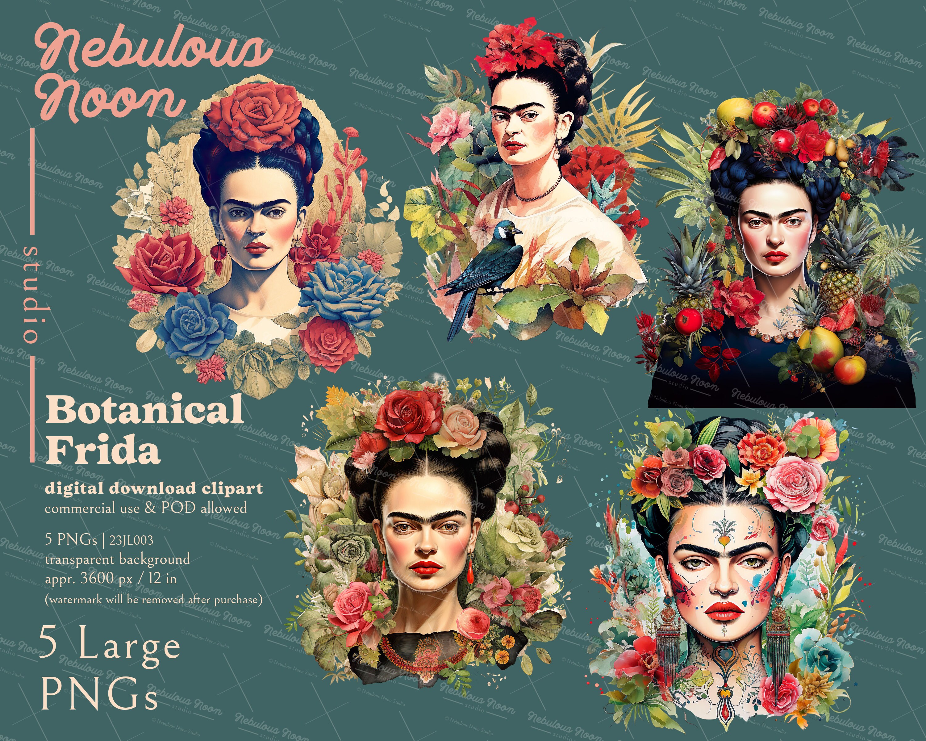 Botanical Frida 5 PNG Portrait Clipart Bundle 23JL003 | Frida Kahlo Png ...