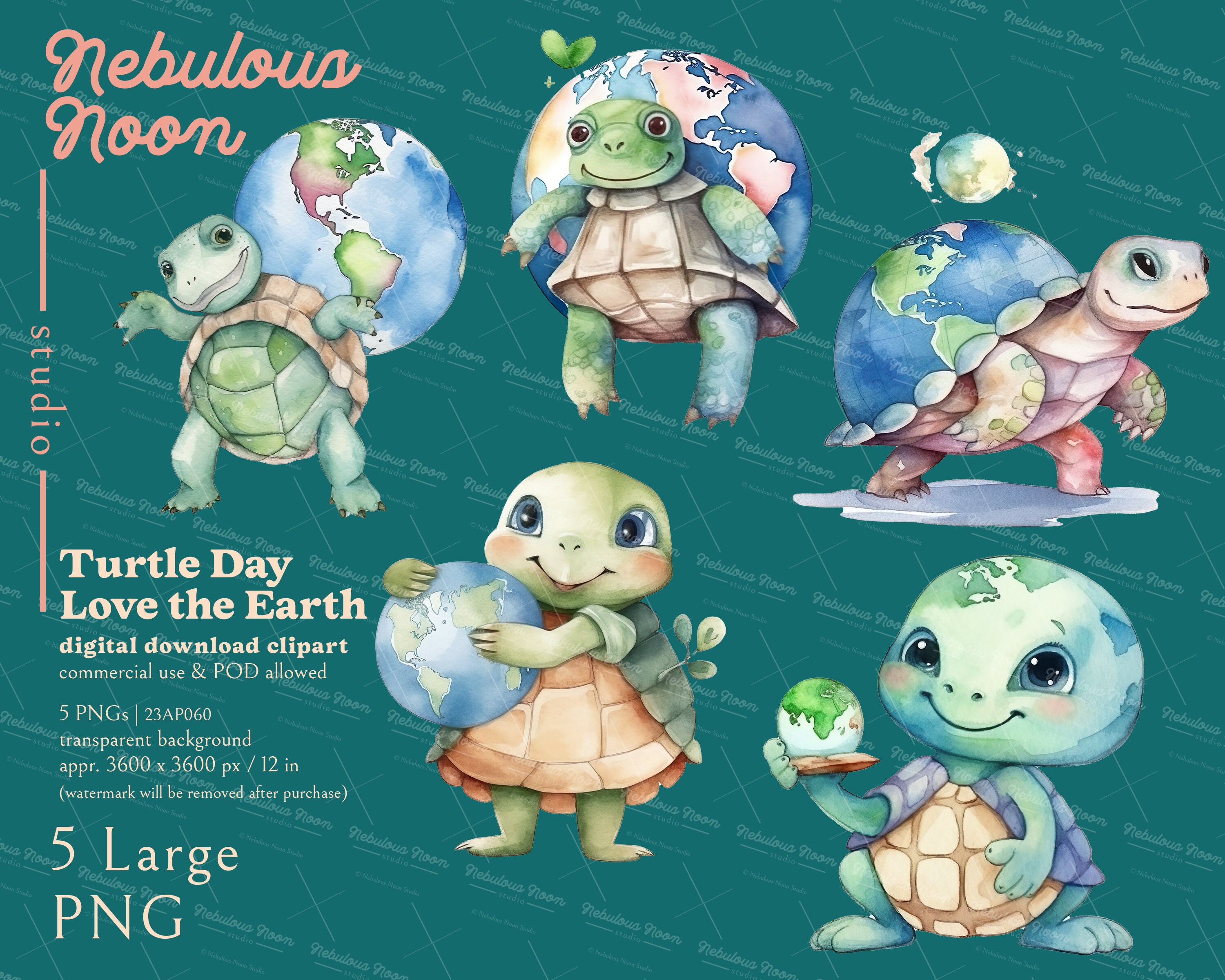 Turtle Day Love the Earth 5 PNG Tortoises Clipart Bundle 23AP60 | Sea ...