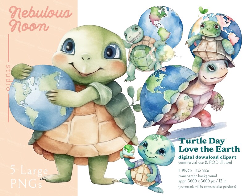Turtle Day Love the Earth 5 PNG Tortoises Clipart Bundle - Etsy