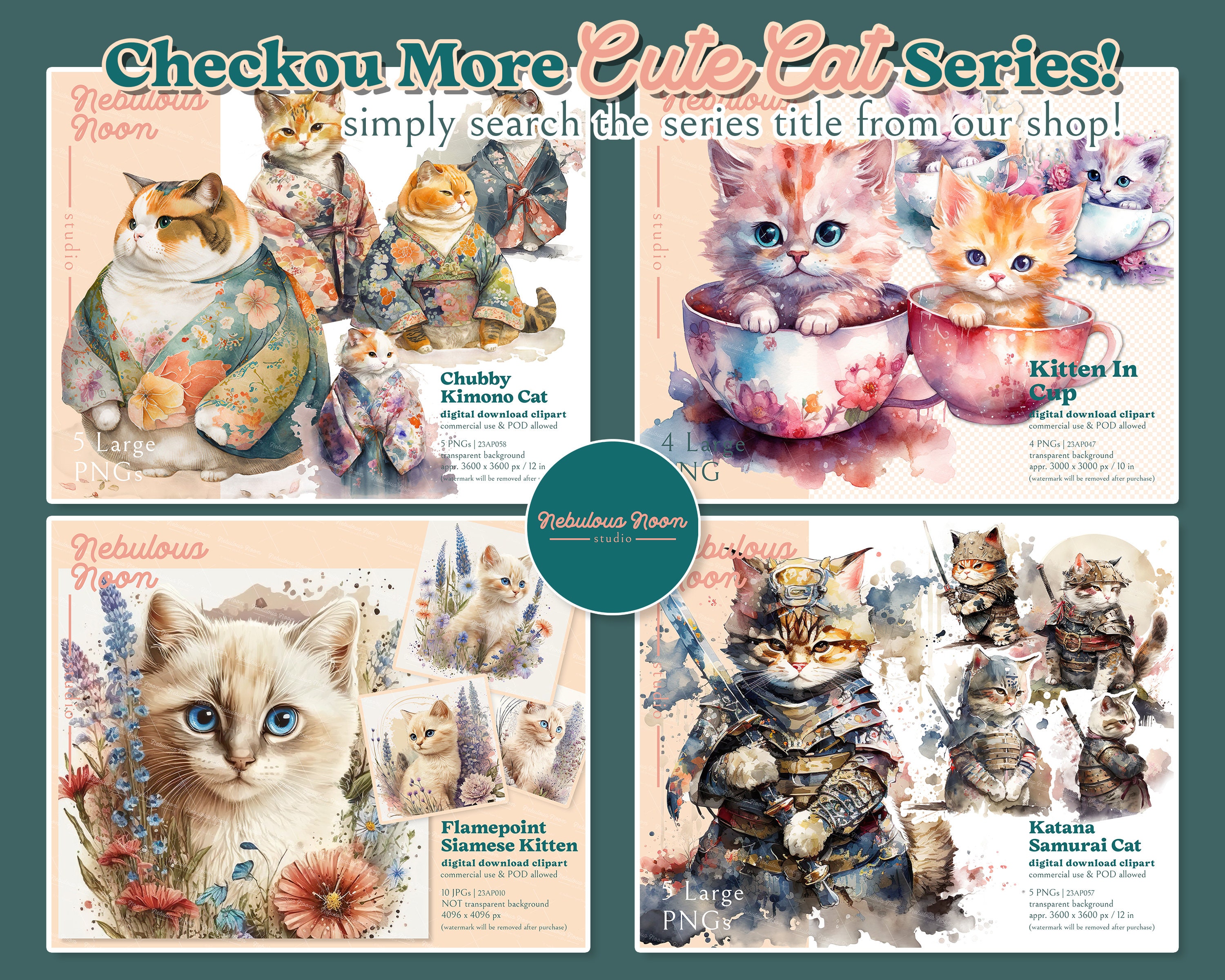 Katana Samurai Cat 5 PNG Funny Cat Clipart Bundle 23AP057 | Japanese ...