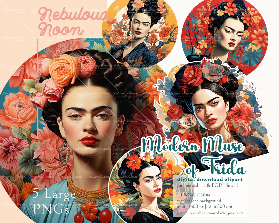 Modern Muse of Frida 5 PNG Portrait Clipart Bundle 23SE015 Frida Kahlo ...