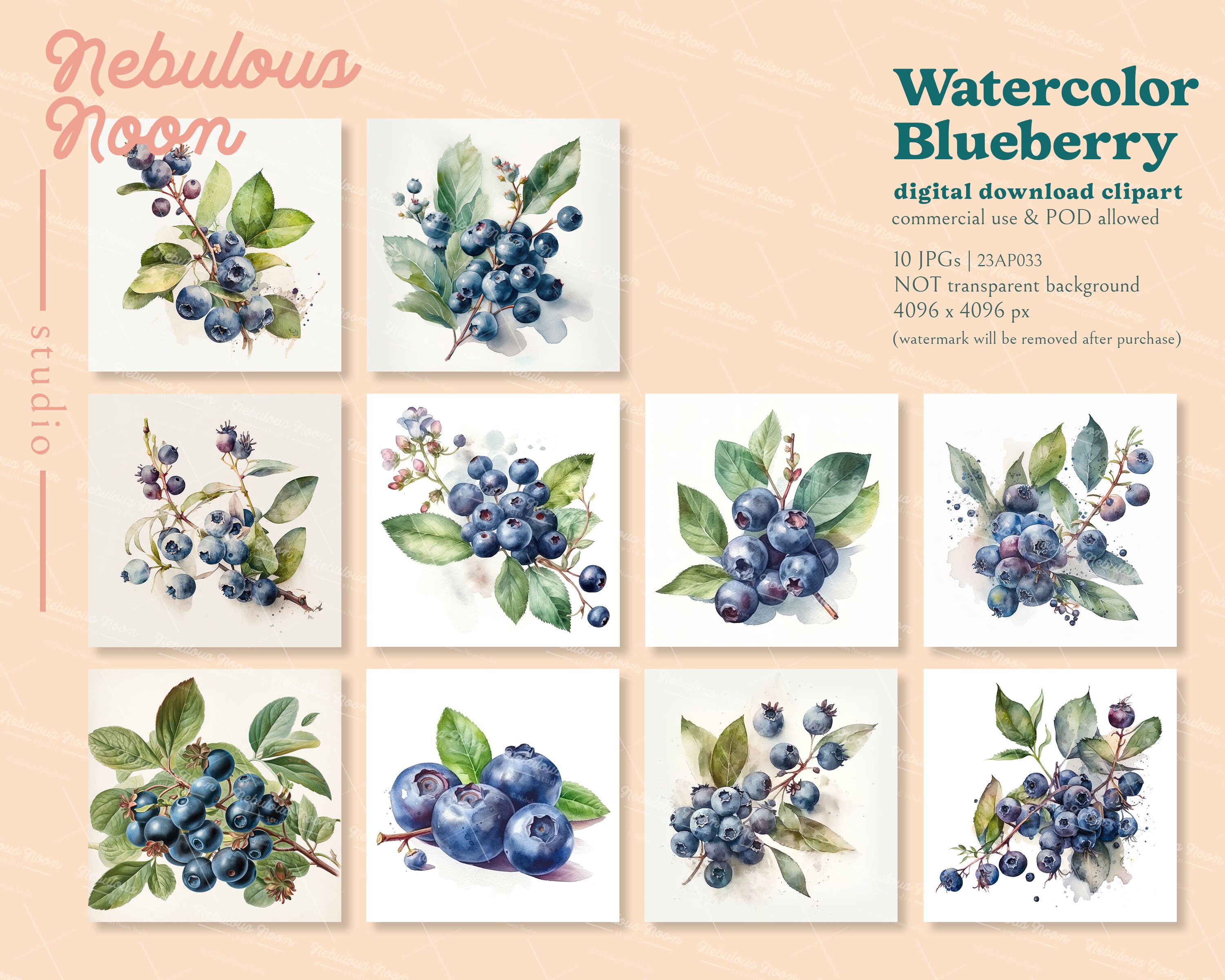 Watercolor Blueberry 10 JPG Fruit Clipart Bundle 23AP033 Food Painting ...