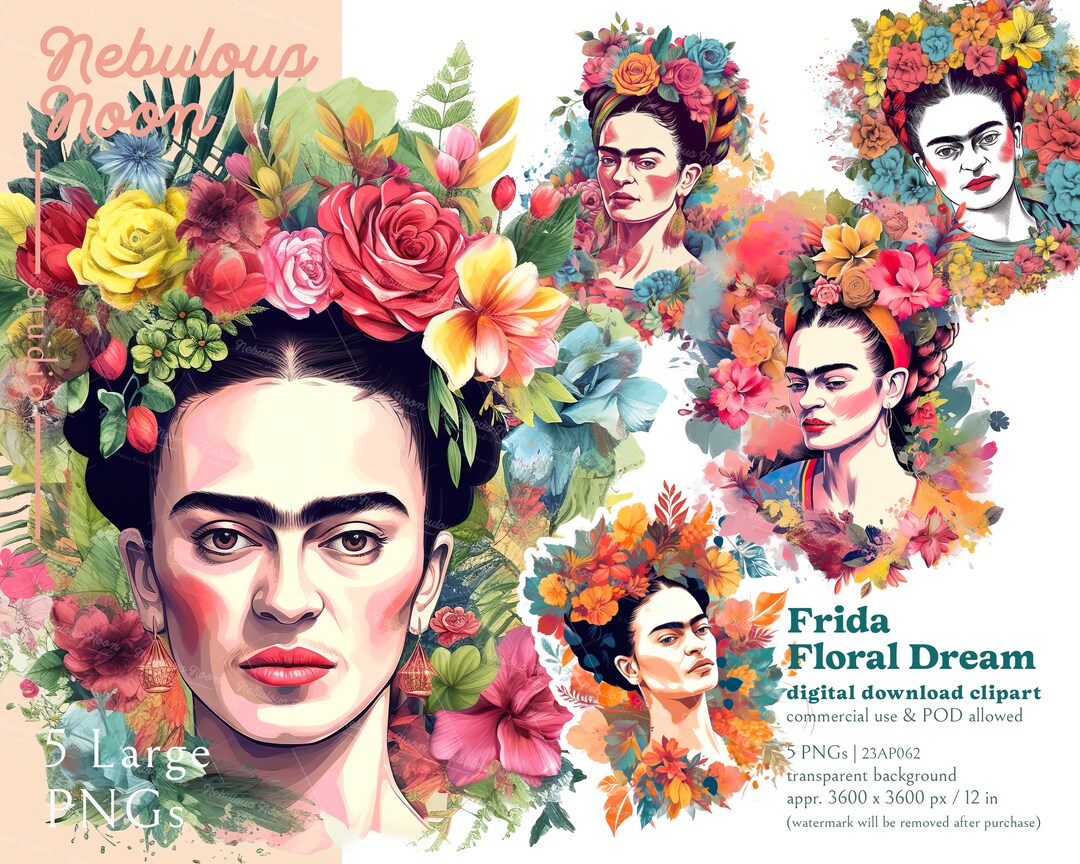 Frida Flower Dream 5 PNG Portrait Clipart Bundle 23AP062 | Frida Kahlo ...