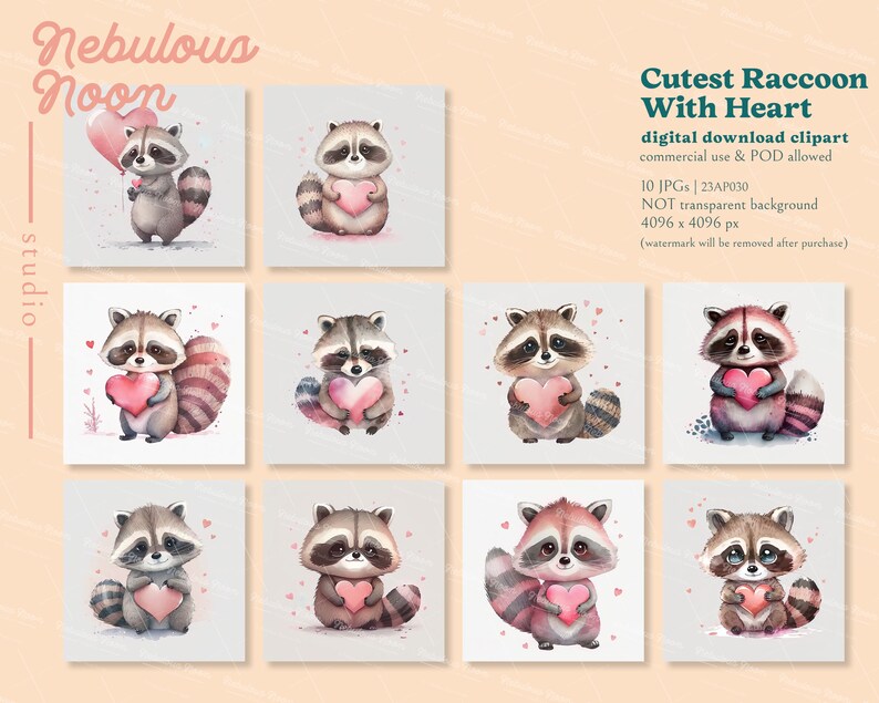 Cutest Raccoon Heart 10 JPG Printable Art Bundle 23AP030 | Nursery ...