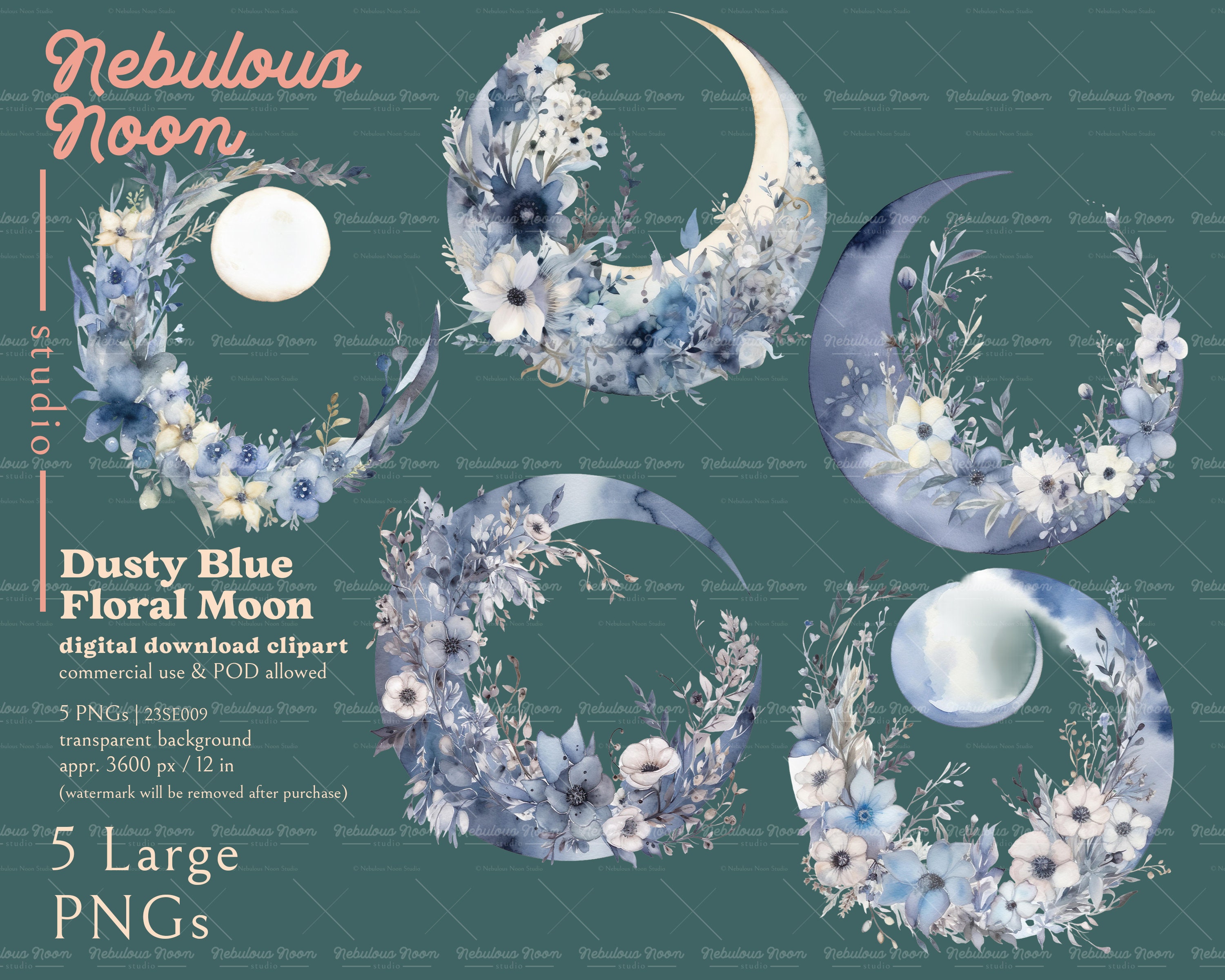 Busty Blue Flora Moon 5 PNG Clipart 23SE009 | Moon Watercolor,lunar ...