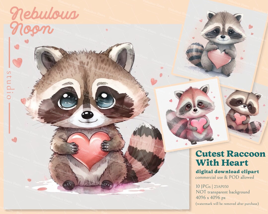 Cutest Raccoon Heart 10 JPG Printable Art Bundle 23AP030 | Nursery ...