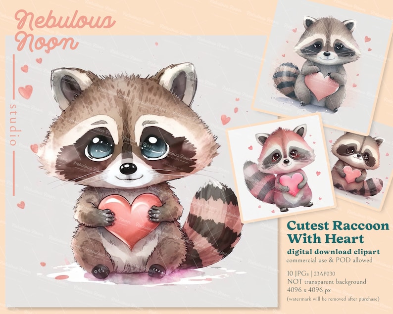 Cutest Raccoon Heart 10 JPG Printable Art Bundle 23AP030 | Nursery ...