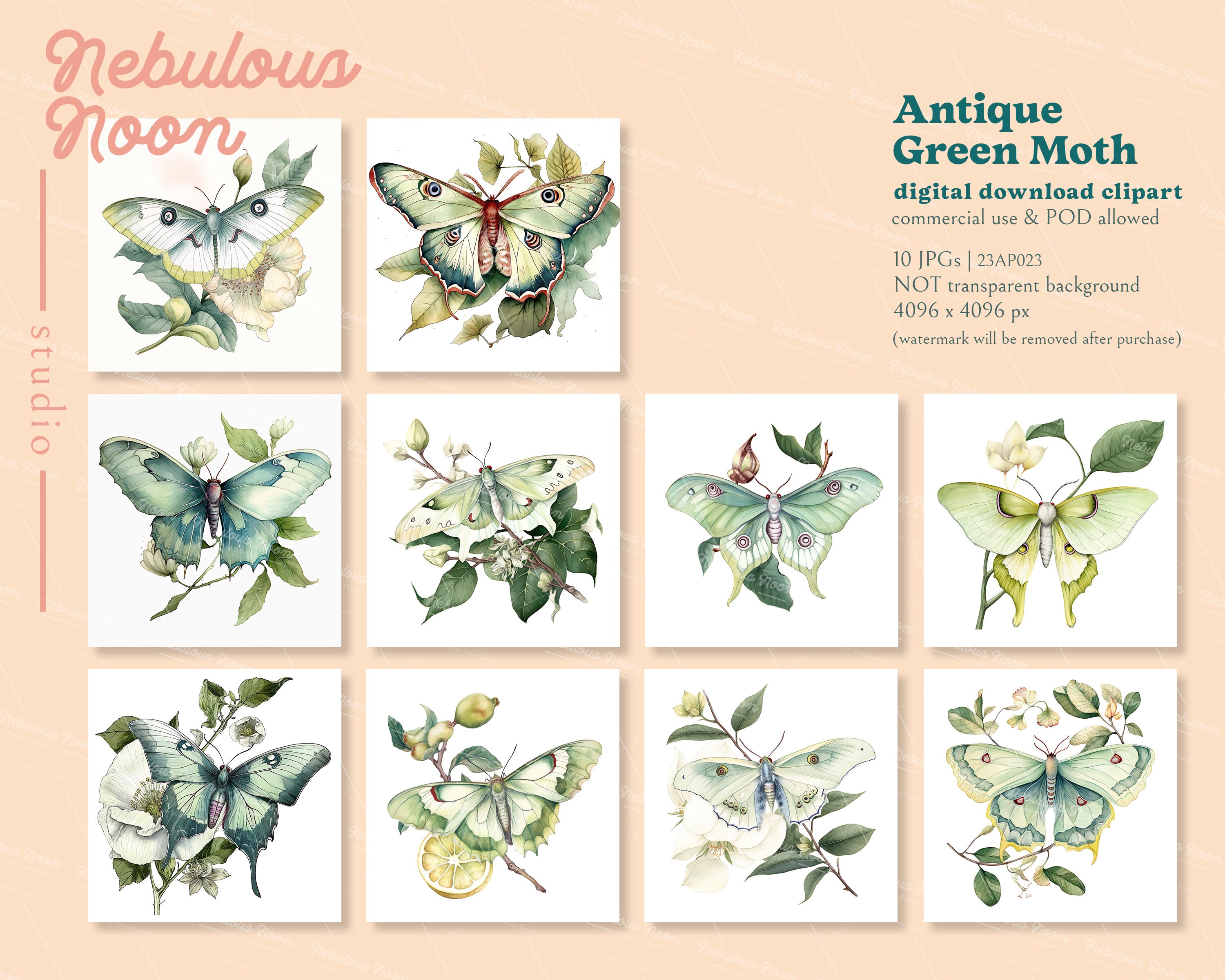 Antique Green Moth 10 JPG Printable Clipart Bundle 23AP023 | Nature ...