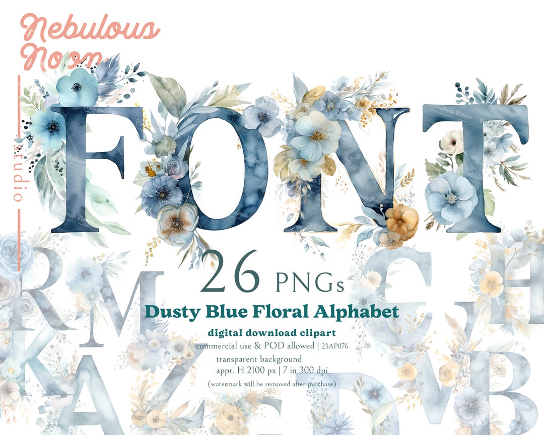 Dusty Blue Floral Alphabet 26 PNG Letter Clipart Bundle 23AP076 ...