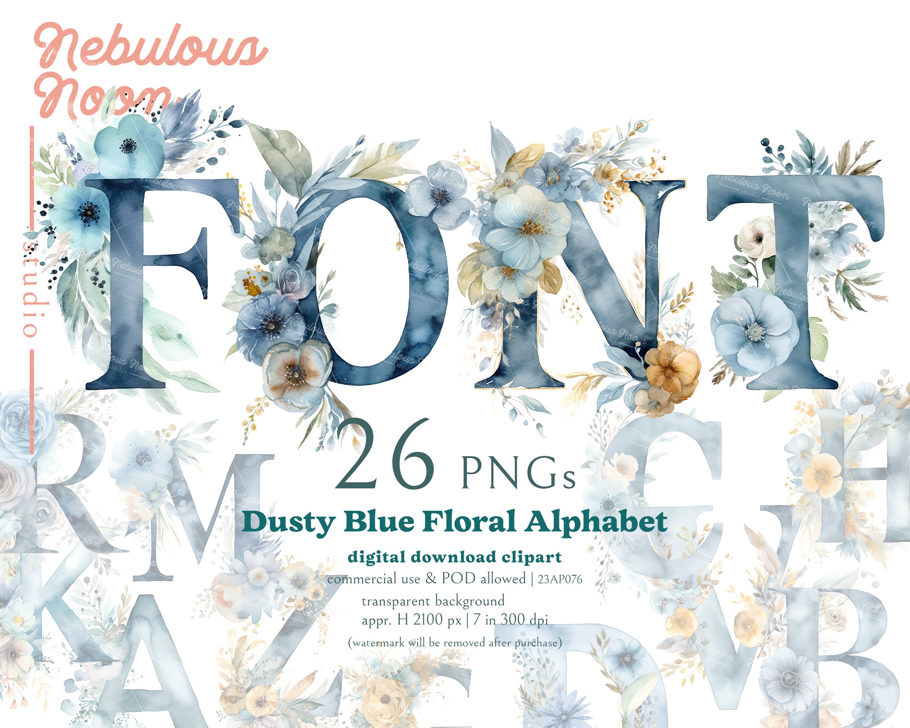 Dusty Blue Floral Alphabet 26 PNG Letter Clipart Bundle - Etsy