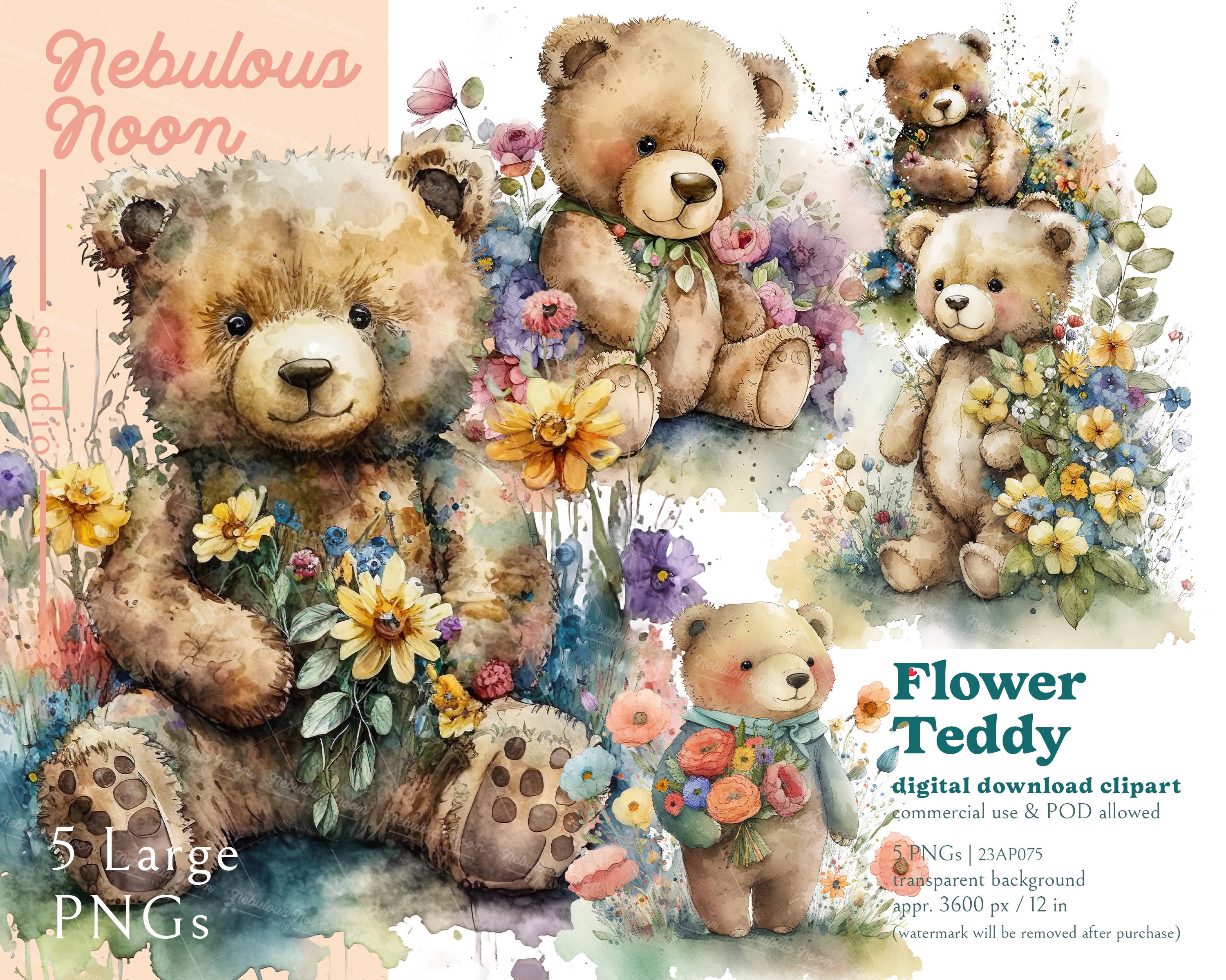 Flower Teddy 5 PNG Bear Clipart Bundle 23AP075 | Woodland Animal ...