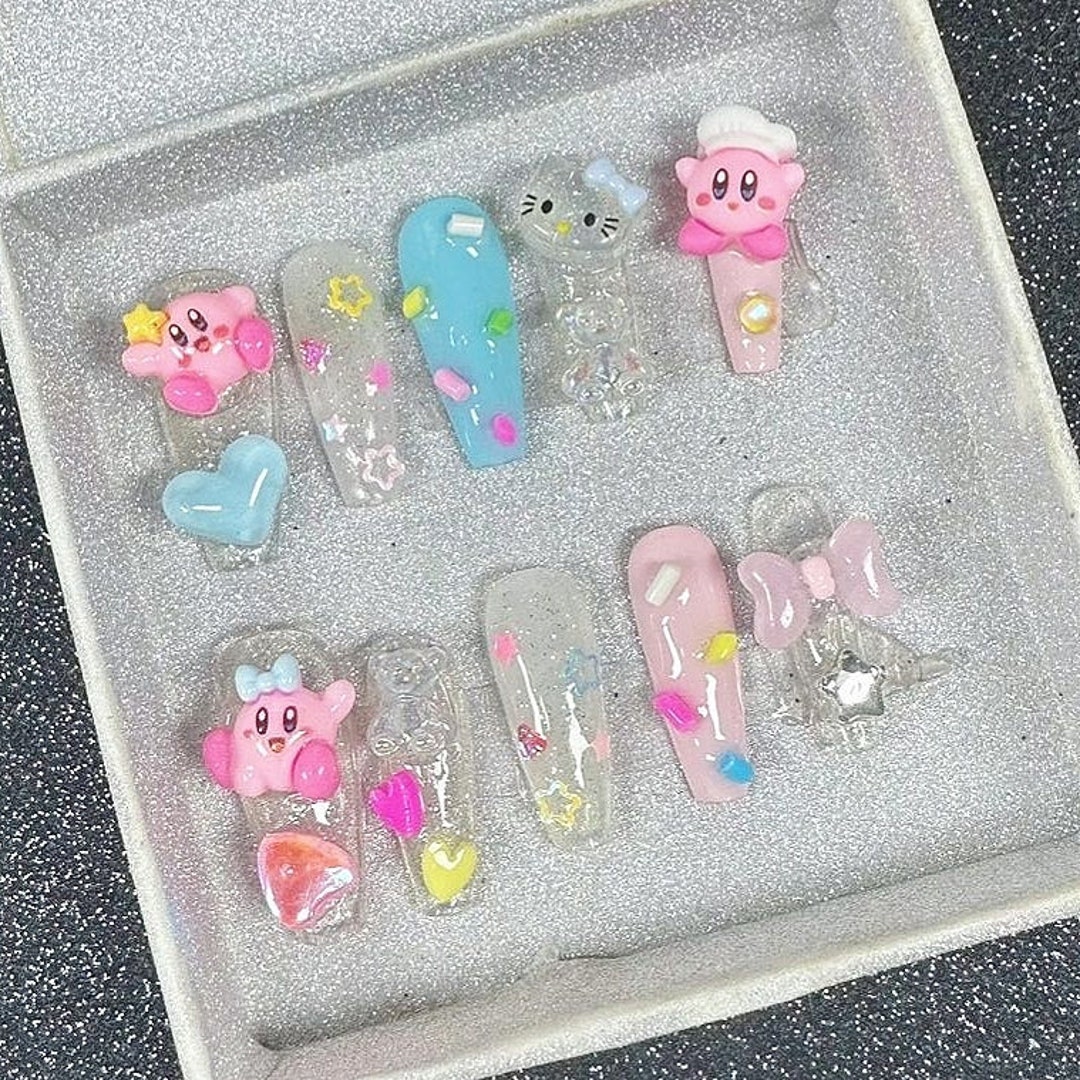 Handmade Cute Cartoon Anime Kirby Press on Nails Kawaii Nails Rainbow ...