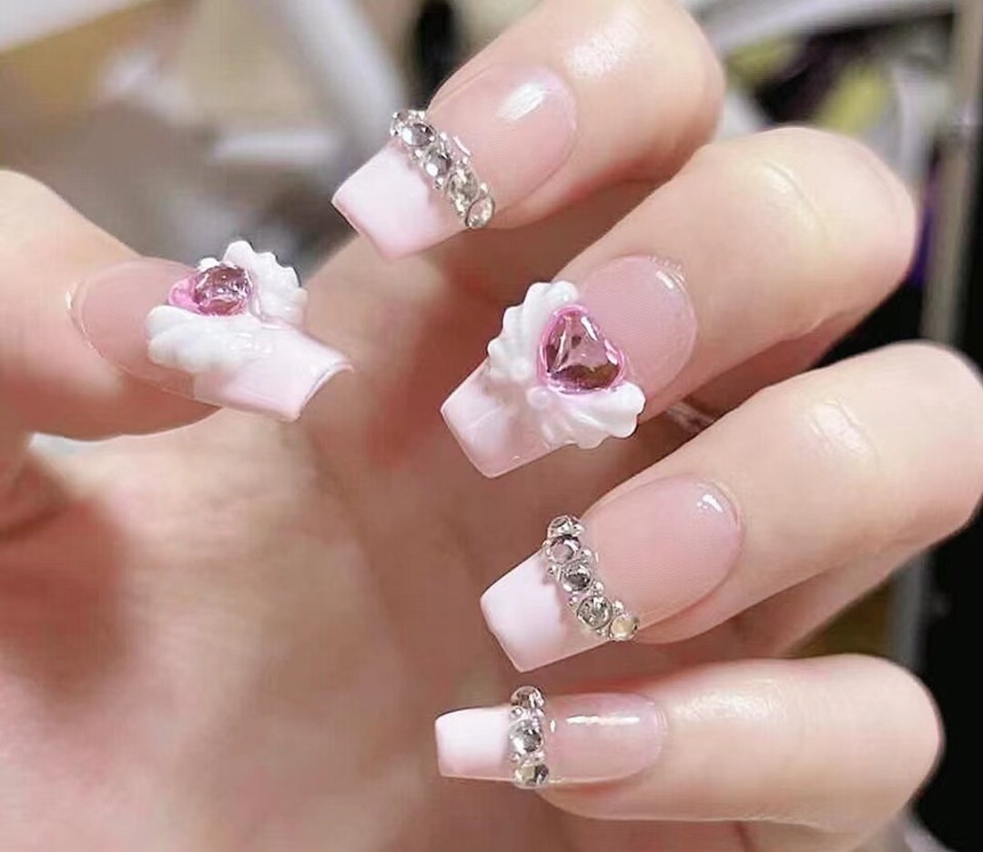 Handmade White Angel Wing Pink Heart Gem Light Pink French Press on ...