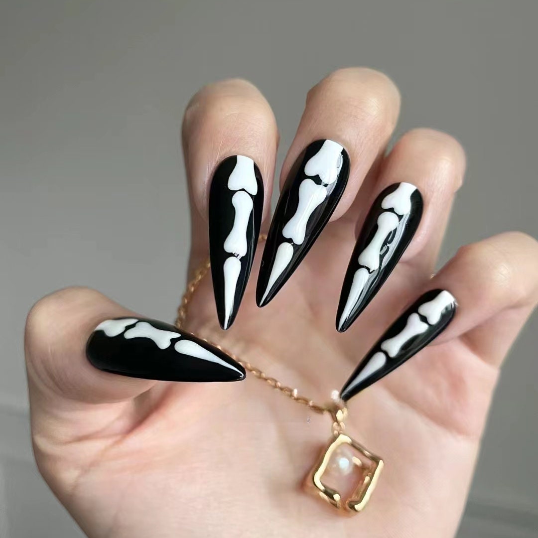 Handmade Halloween White Glow Skeleton Press on Nails Cool Nails Long ...